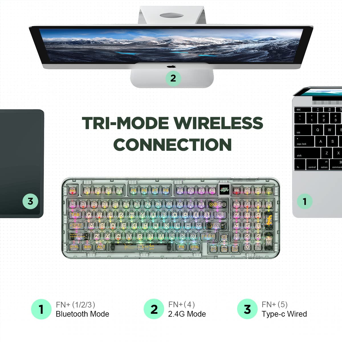 YUNZII CK98 Wireless Hot Swappable Mechanical Keyboard with OLED, 1800 Layout Transparent Acrylic Gasket Mounted Keyboard for for Windows/Mac (Ice Blade Switch, Math and Metal Box)