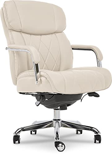La-Z-Boy Sutherland Quilted Leather Executive Office Chair with Padded Arms, High Back Ergonomic Desk Chair with Lumbar Support, Ivory White Bonded Leather