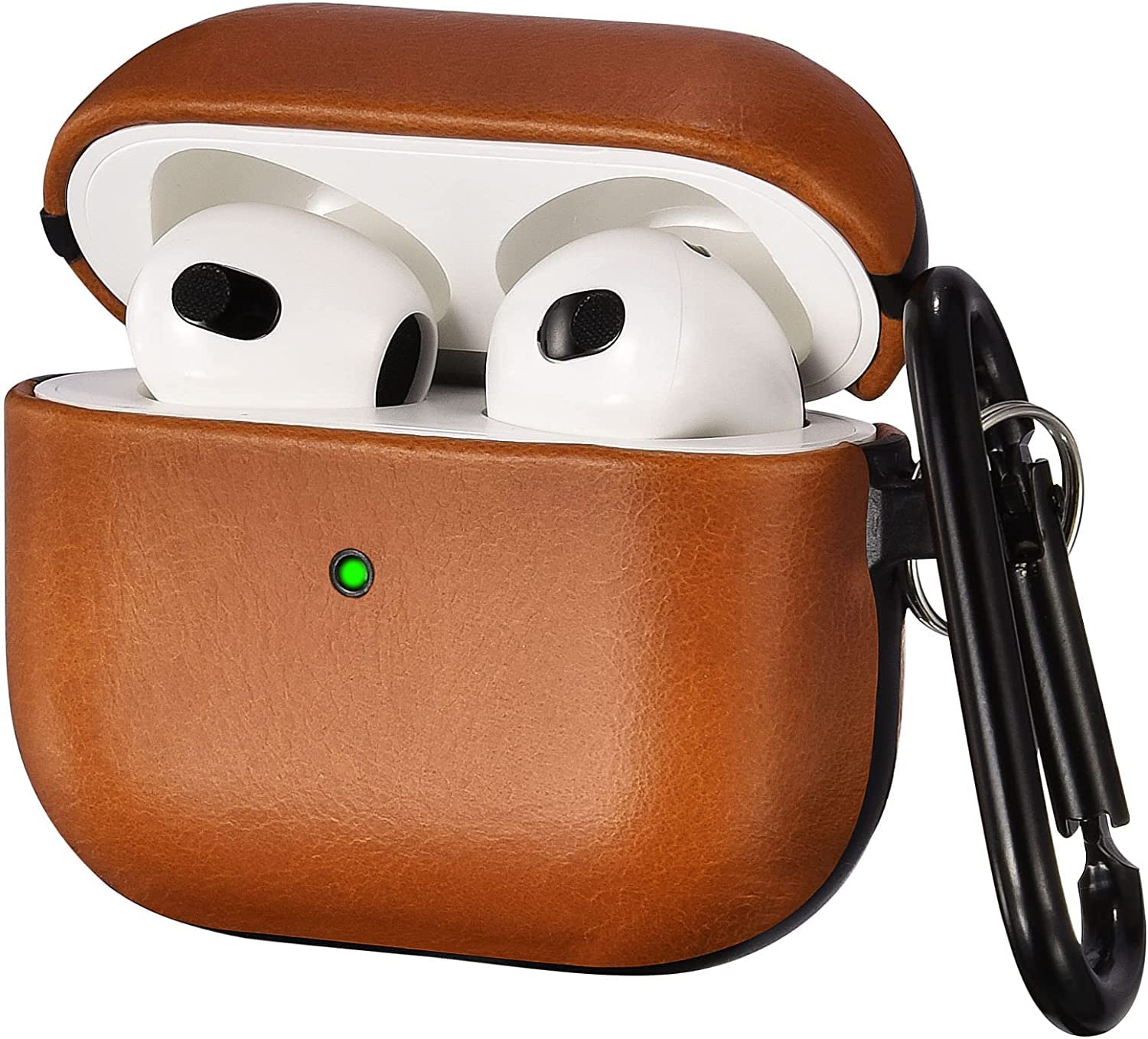 V-MORO Leather Case Compatible with Airpods 3rd Generation [Front LED Visible] Case for Airpods 3 Leather Protective Cover Skin with Keychain for Men and Women - Light Brown