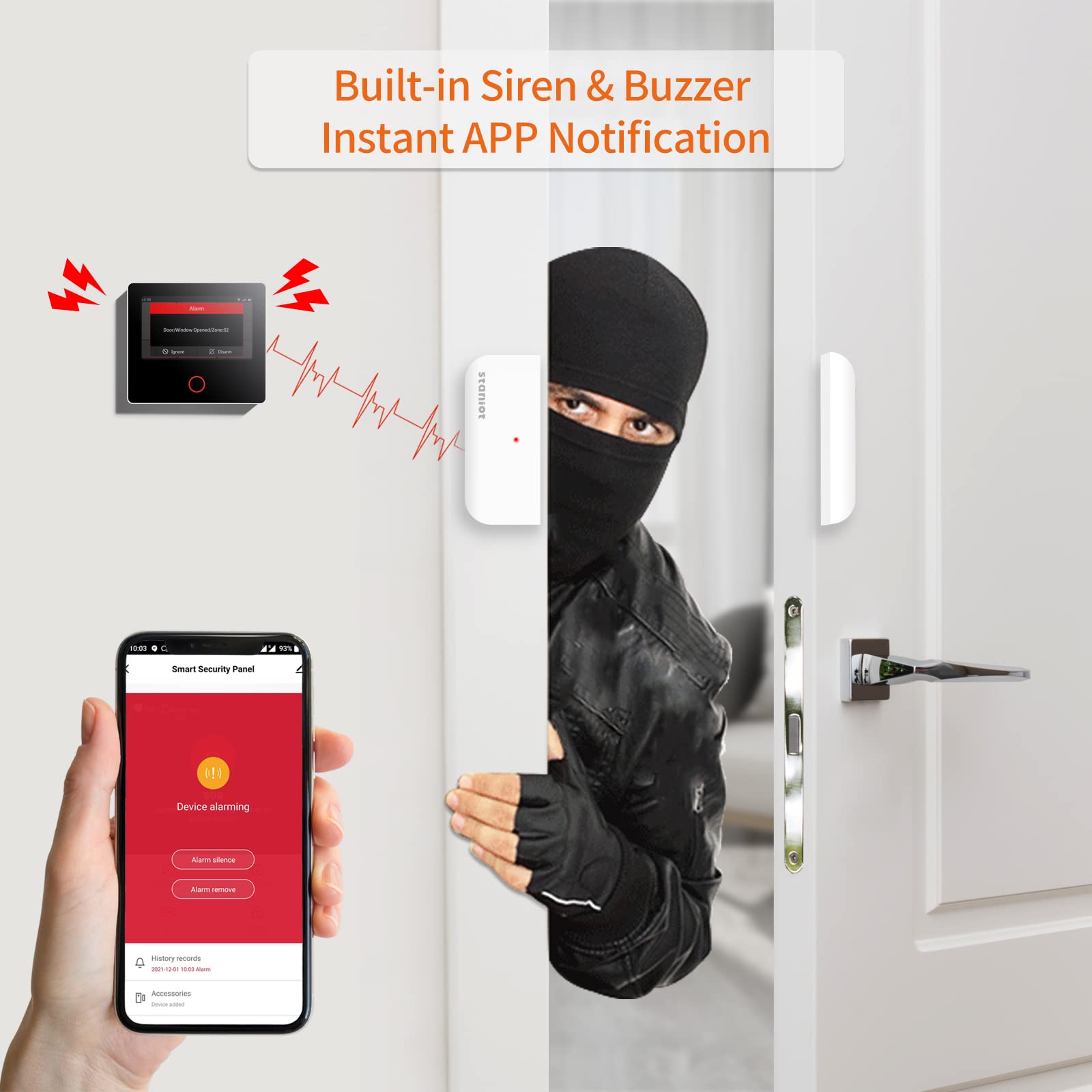 Staniot Home Security System Basic Kit for Apartment, Secpanel 5 Wireless Alarm System Kit, IPS Touch Screen Panel, Door Sensor, Remote Control, High Decibel Siren for Home Security, Work with Alexa