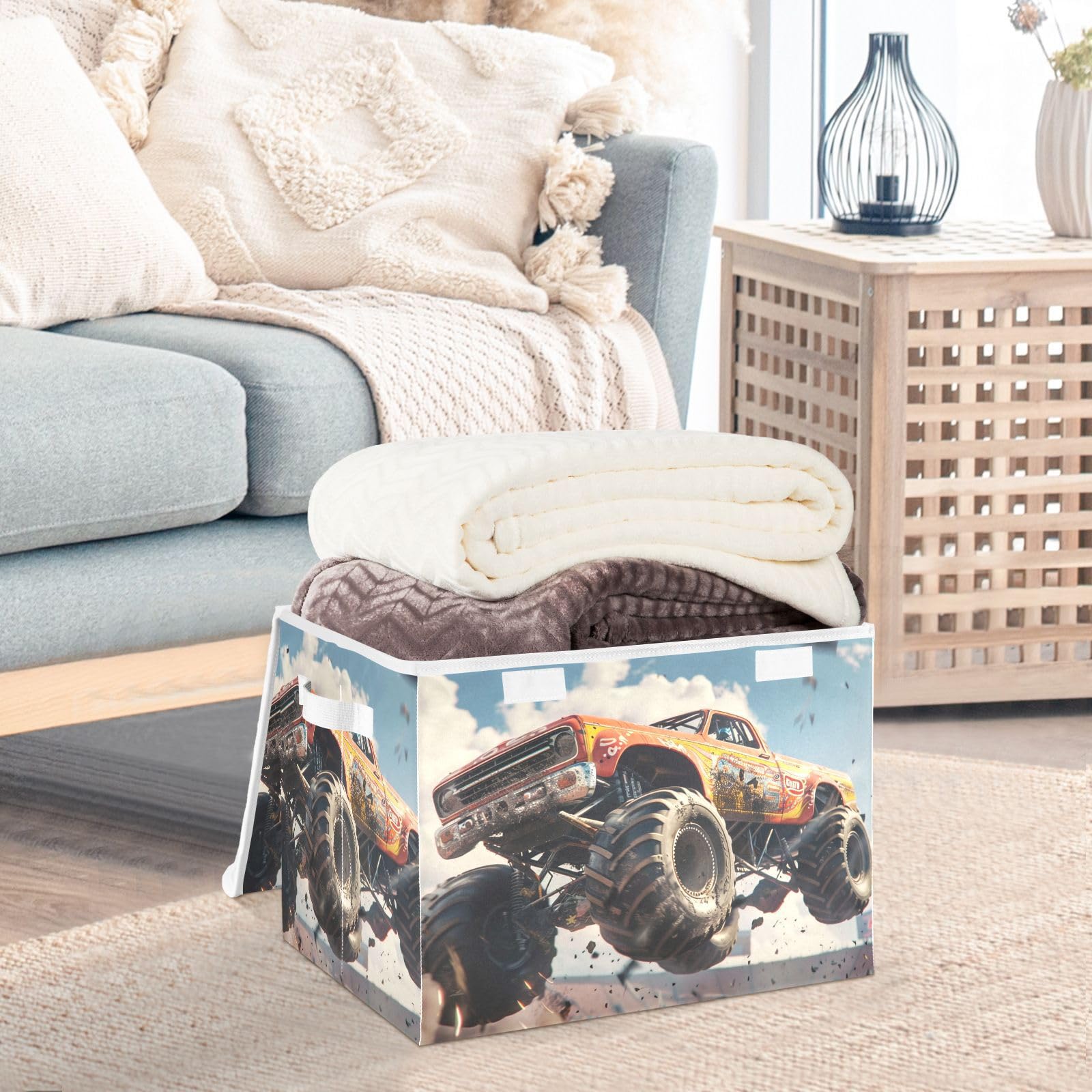 YMGQYJ Storage Cube with Lid Collapsible Monster Truck Jumping Print, Large Capacity Foldable Storage Basket Bin Organizer 16.5×12.6×11.8 IN
