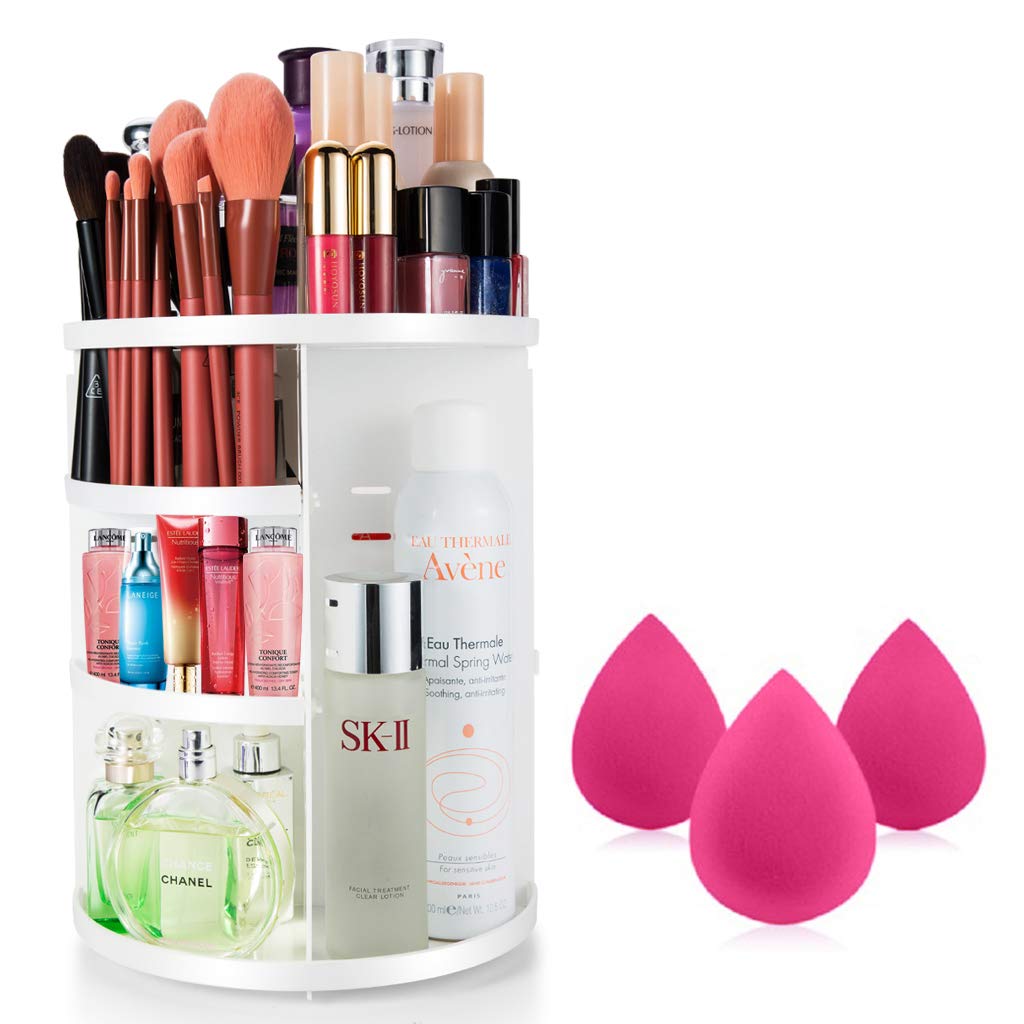 Makeup Organizer,360 Degree Rotating Cosmetics Organizer with 3 Pcs Makeup Sponge,7 Layers Adjustable Cosmetic Display Case for Countertop,Large Storage Box Make up Brush Holders Gifts for Women