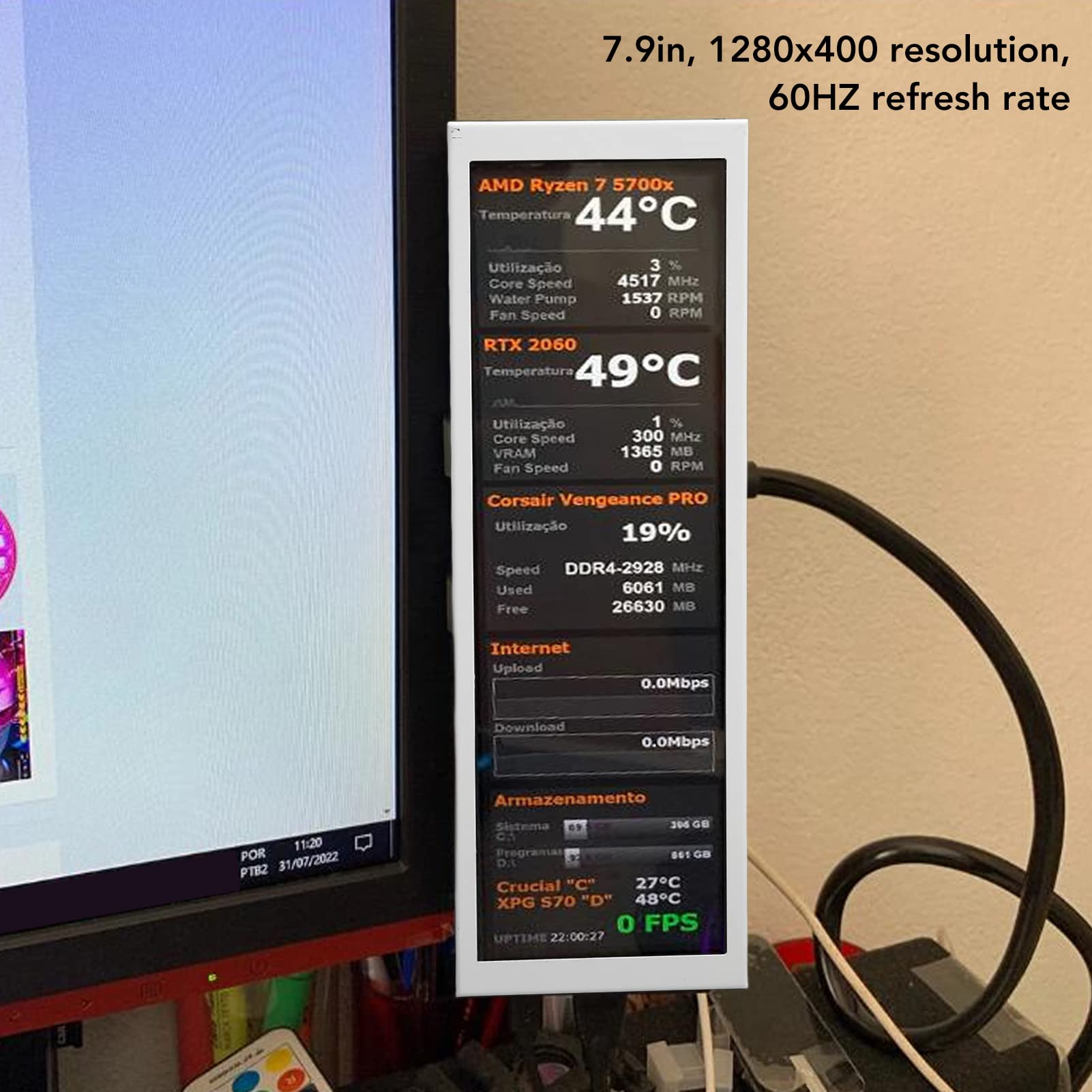 Vikye Computer Temp Monitor, 7.9 Inch USB Power PC Temp Monitor Panel, Auto Off Multifunction PC CPU Data Monitor Compatible with AIDA64 Hardware Driver Board