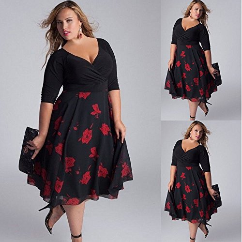 Pinkpaopao Deep V-Neck Plus Size Dress for Women Patchwork Half Sleeve Flower Mesh Swing Dress Red