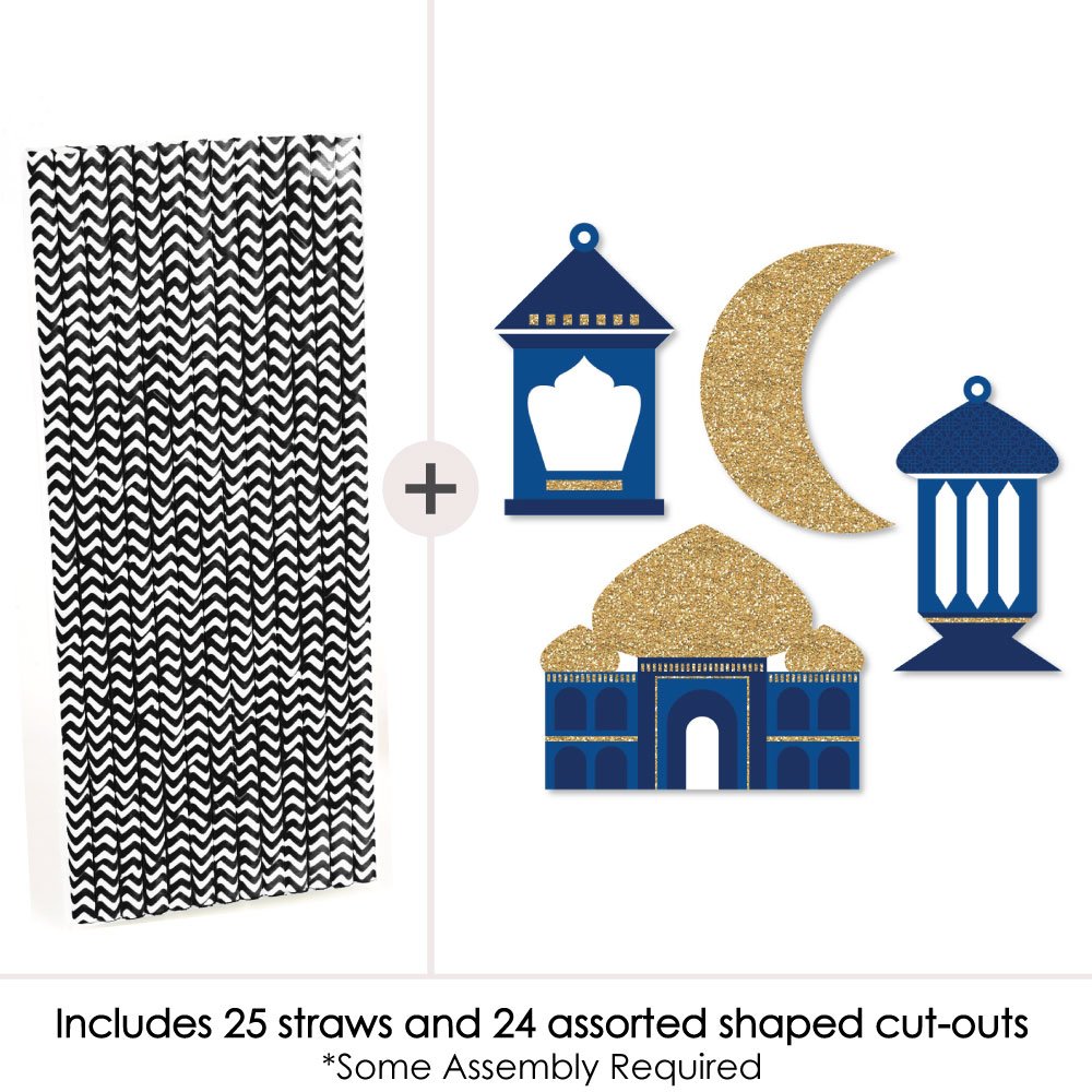 Ramadan - Paper Straw Decor - Eid Mubarak Striped Decorative Straws - Set of 24