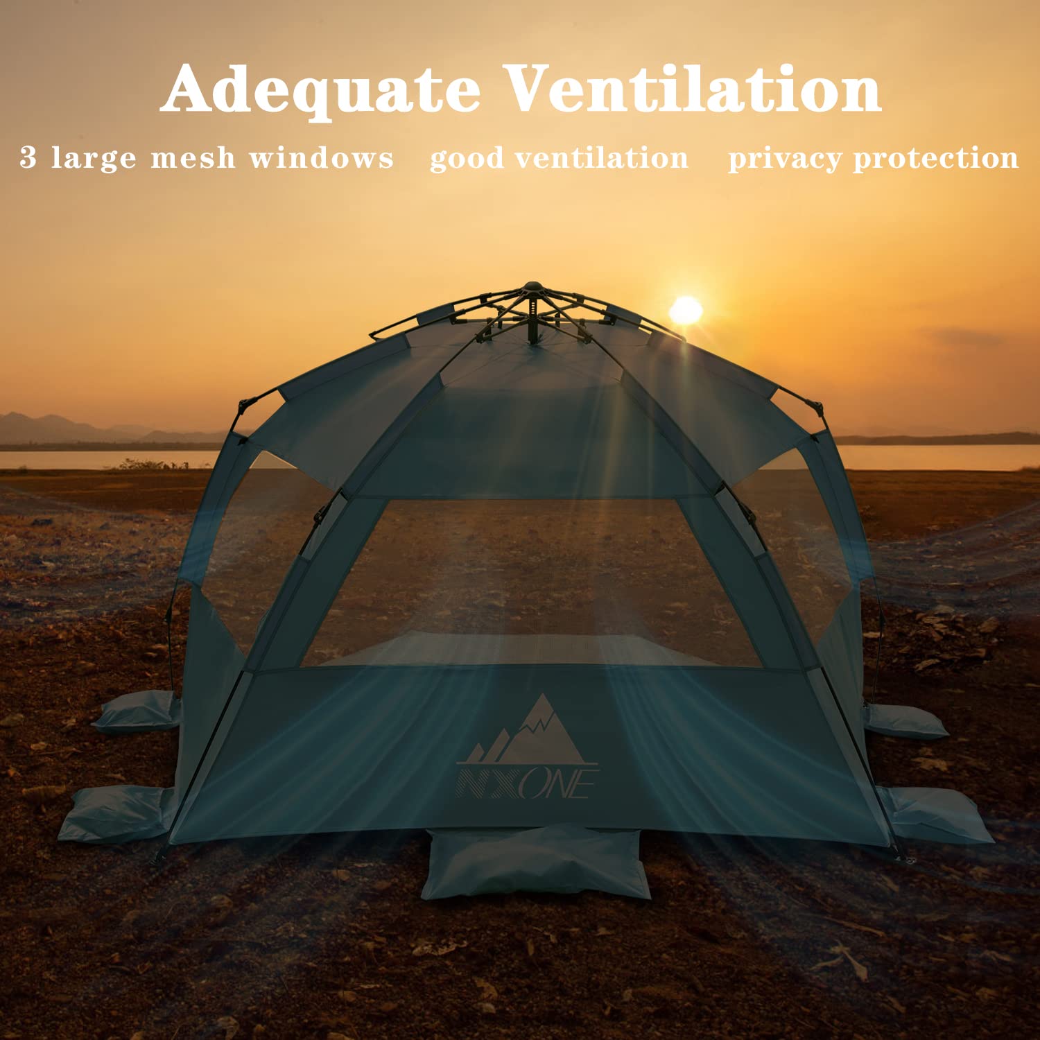 NXONE XL Pop Up Beach Tent, Deluxe Sun Shade Shelter for 4 Person, UPF 50+ Protection, Windproof Beach Shade, Extendable Floor with 3 Ventilating Windows Plus Carrying Bag, Stakes and Guy Lines