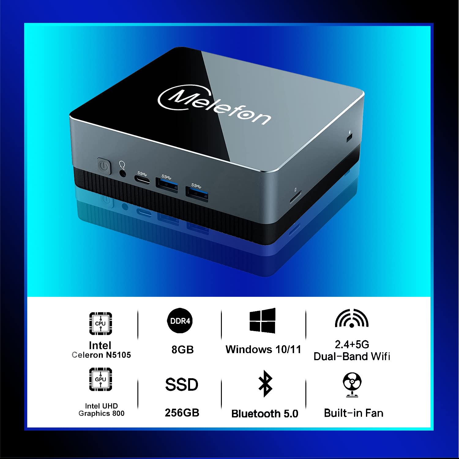 Melefon Mini PC Intel Celeron N5105 (4C/4T, 4M Cache, Up to 2.9GHz),8GB RAM+256GB, Windows 10 Mini Computer Small Desktop Triple Display, 4K UHD, Storage Upgrade, WiFi/BT, Home/Office