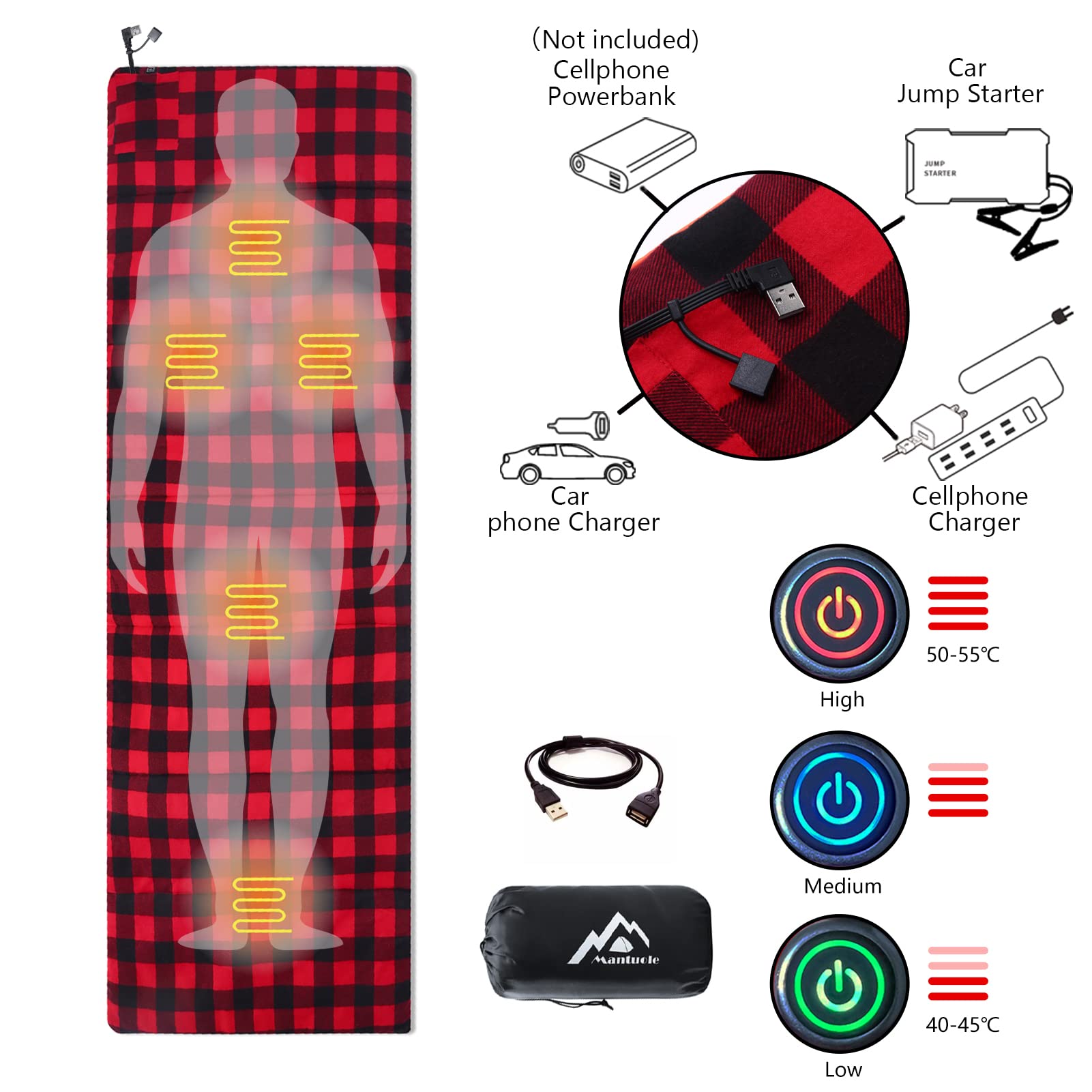 Mantuole Heated Sleeping Bag pad, Heated Sleeping Bag Liner, 5 Heating Zones, Operated by Battery Power Bank or Other USB Power Supply, Compact Bag Included. Black & Red Flannel.