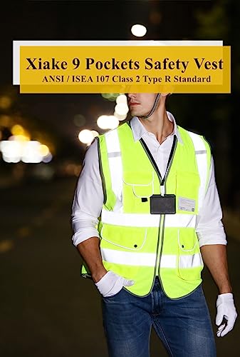 XIAKE 9 Pockets Class 2 High Visibility Reflective Safety Vest Men Women Work Construction Vest Zipper Front Meets ANSI Standards(Yellow,Large)