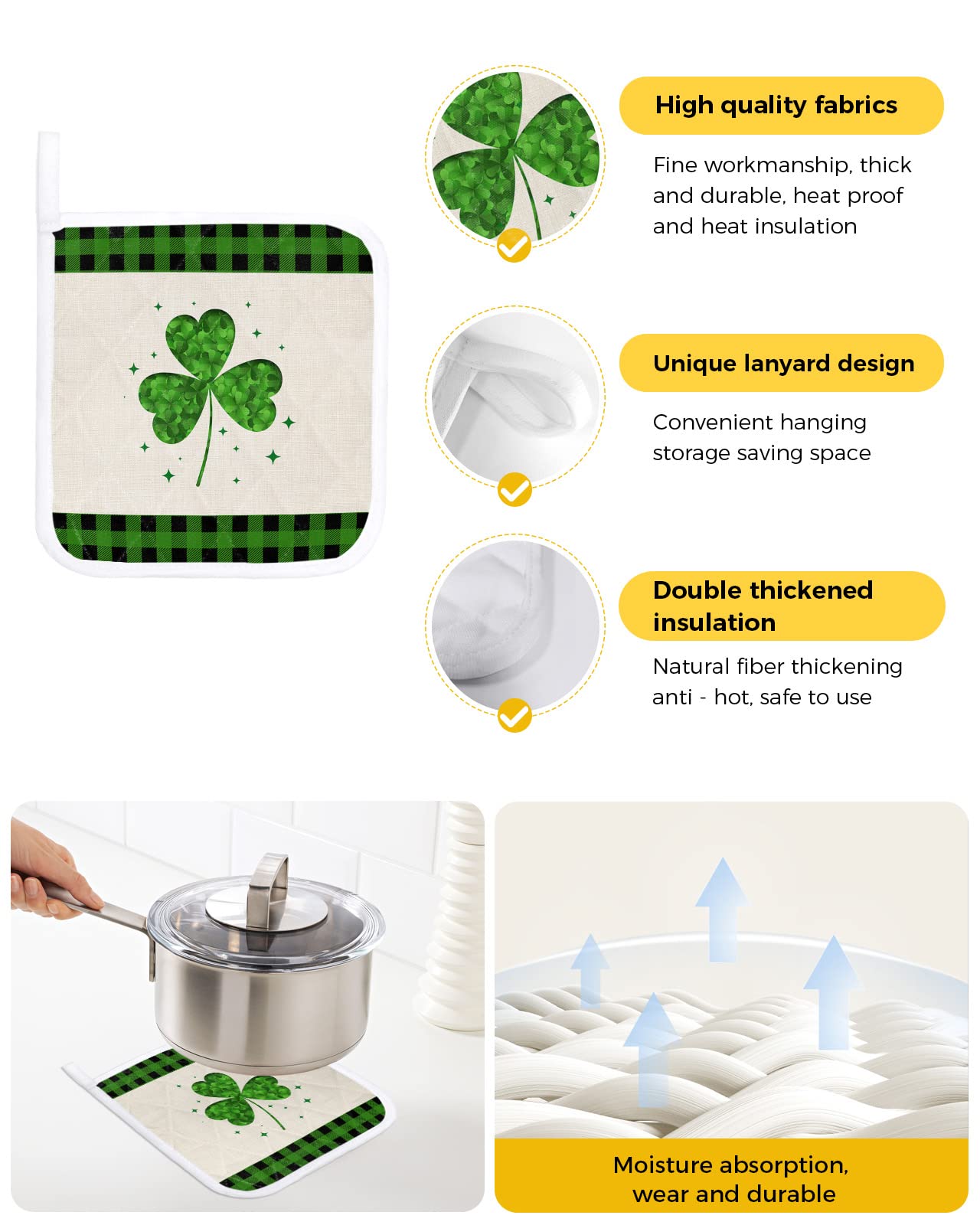Pot Holders Set of 2,Irish Saint Patricks Green Shamrock Potholder for Kitchen Heat-Proof Hot Pads,Light Clover Black Plaid Vintage Cotton Linen Hot Mats Potholders for Cooking Baking BBQ