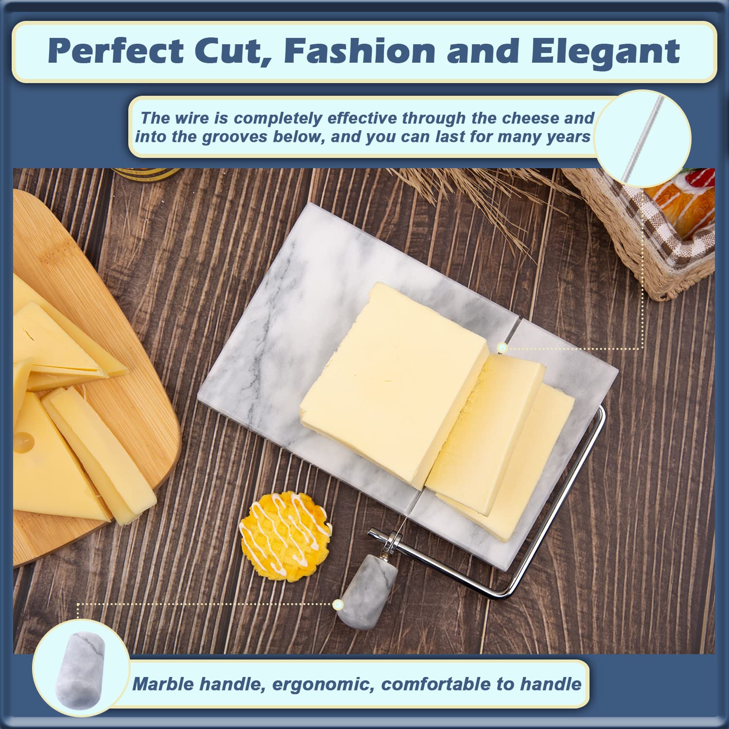 SIPARUI Cheese Slicer, Cheese Cutter Heavy Duty 5" x 8", Polished Marble Cheese Slicer Board for Cut Block Cheeses, Butter, Meats, Other Appetizers (White Grey)
