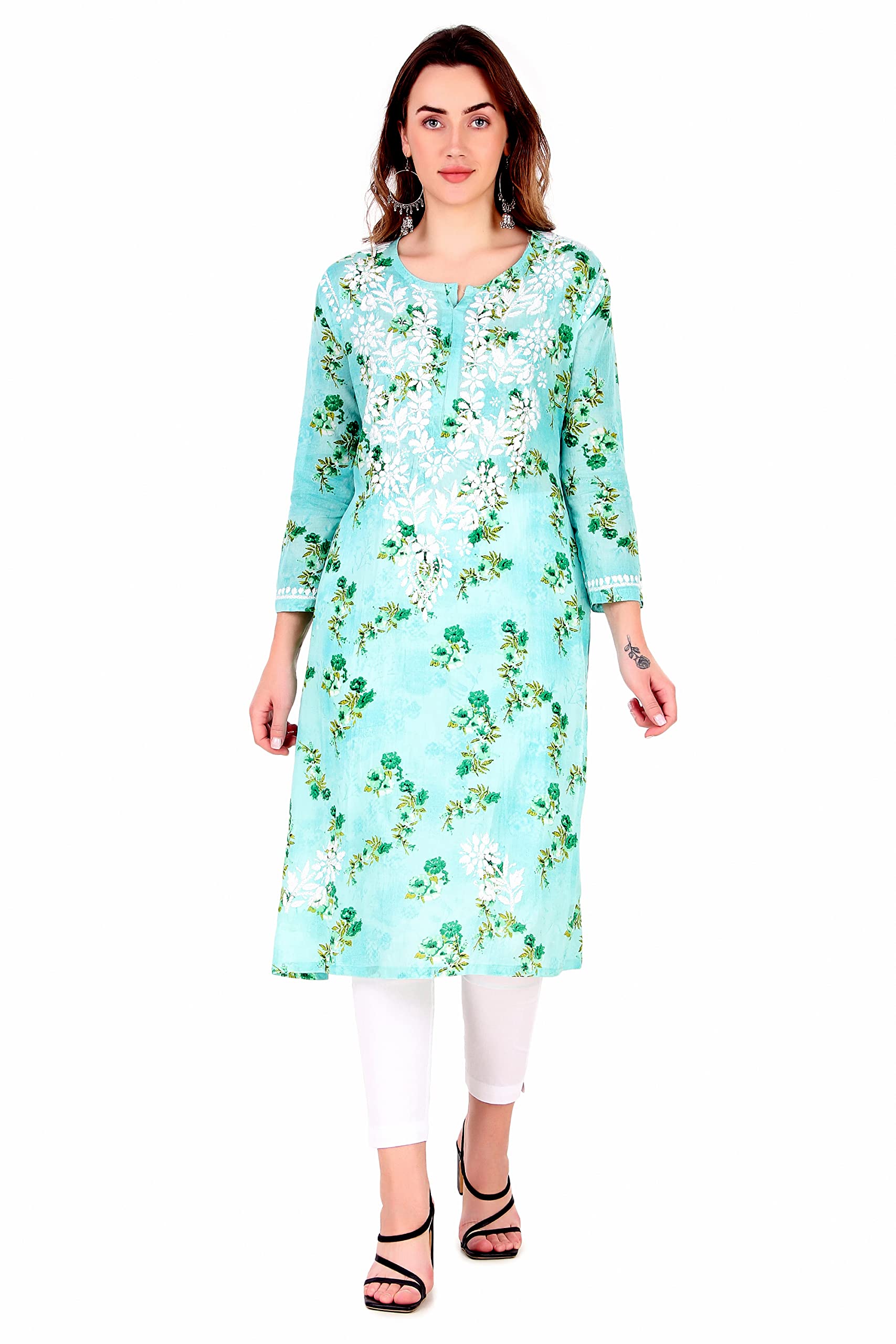ladyline Womens Soft Cotton Lawn Printed Chikankari Lucknowi Handwork Kurti Tunic Kurta (CPEK LLKPE) (44/Sea Green)
