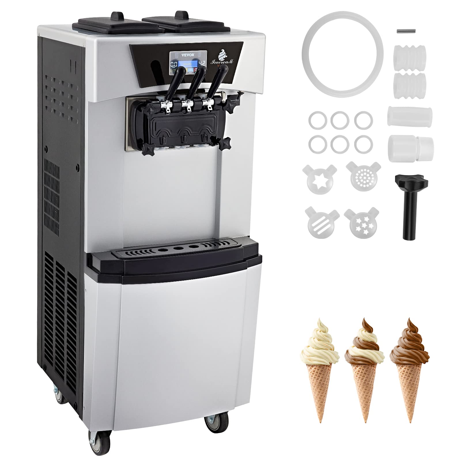 VEVOR Commercial Ice Cream Machine, 20-30L/H Yield, 2+1 Flavors Soft Serve Machine w/Two 7L Hoppers 1.8L Cylinders Puffing Pre-Cooling Shortage Alarm, 2450W Frozen Yogurt Maker for Snack Bar Café