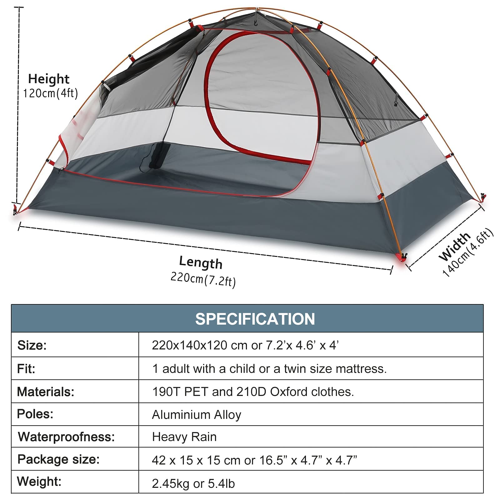 Night Cat Backpacking Tent 2 Persons with Aluminium Pole Double Layers Camping Tent Adults Rainproof Lightweight Easy Setup Two Doors Hiking Mountaineering 2.2x1.4m