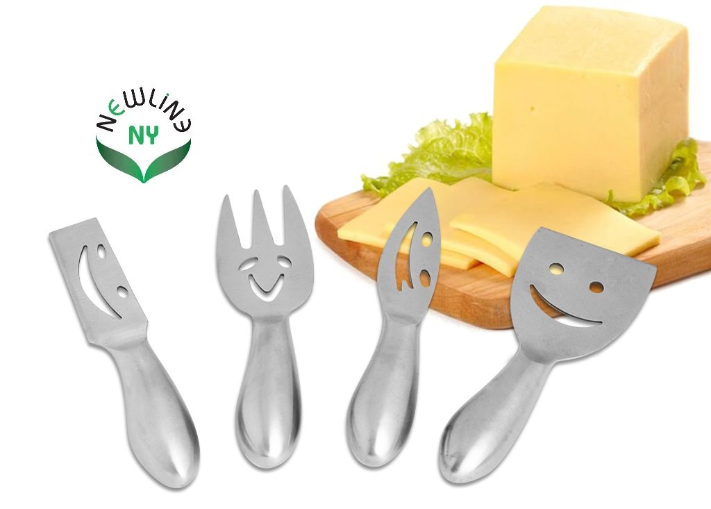 NewlineNY Stainless Steel 4 Pieces Smiling Faces Cheese Knife Set: Hard and Soft Cheese Knives, Serving Fork & Cheese Spreader