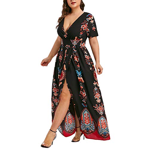 Pinkpaopao Plus Size Short Sleeve Dress for Women Butterfly Pattern Long Dress Deep V Neck Pleated Split Maxi Dress