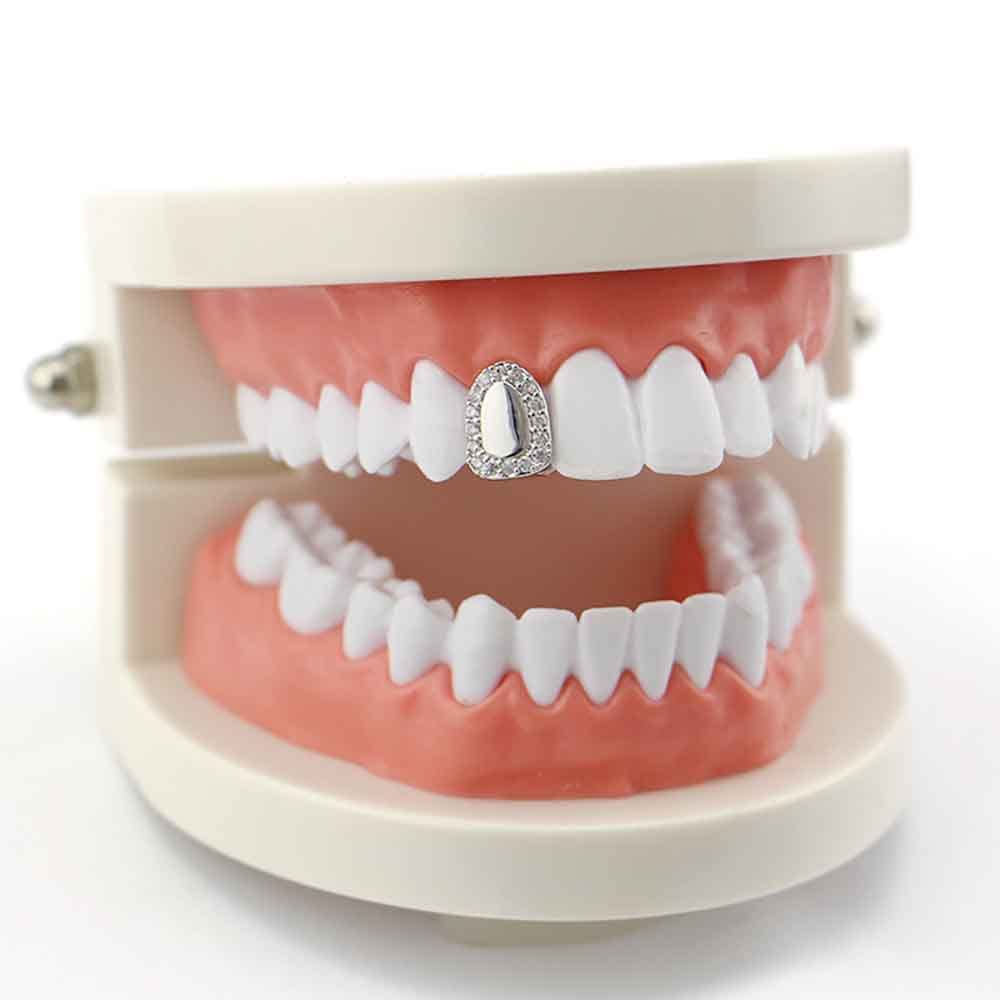 Psivika 2PC Gold Plated with Diamond Round Single Grillz Cap for Your Teeth Grillz Men Women Hip Hop Jewelry Gift (Silver)