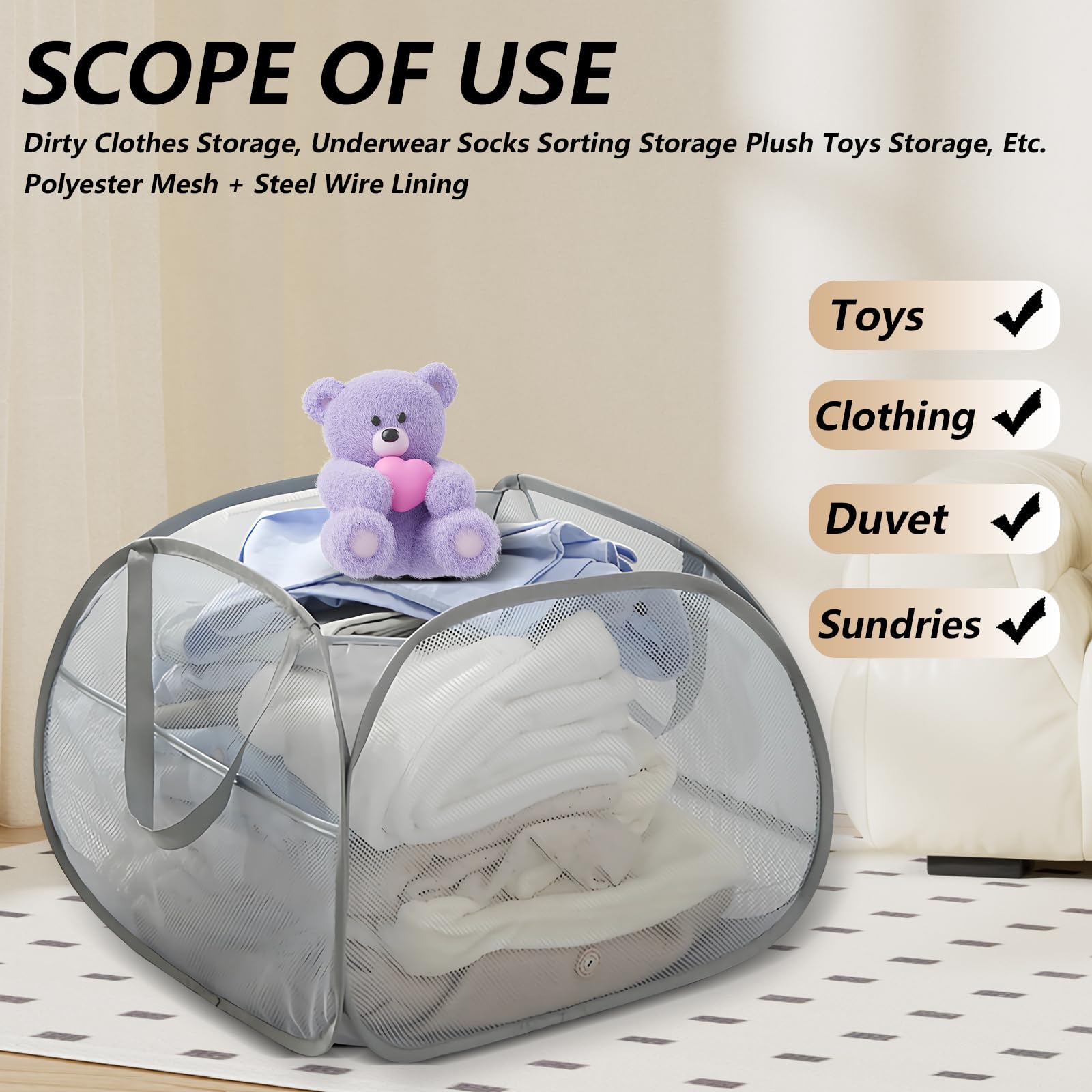 YTEACIUL 2Pcs Collapsible Laundry Baskets,Gray Mesh Pop Up Laundry Basket,Space-Saver with Side Pocket,Portable & Versatile Bathroom and Home Organizer for Laundry and Storage (90L)