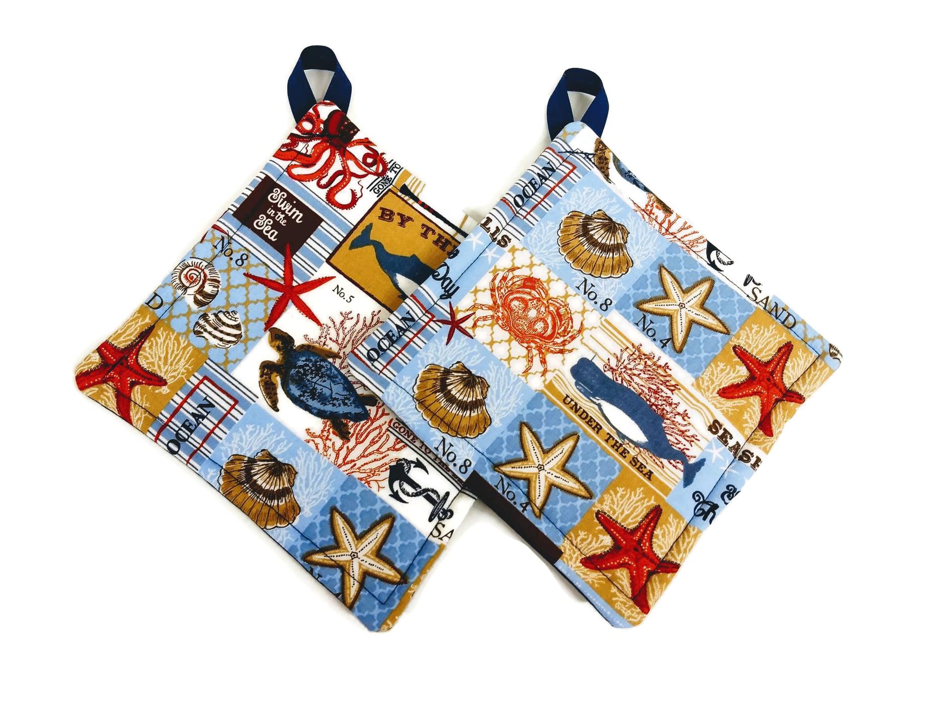 Potholder set in a Seas the Day, Beach Fabric Print by Sewuseful Studios LLC