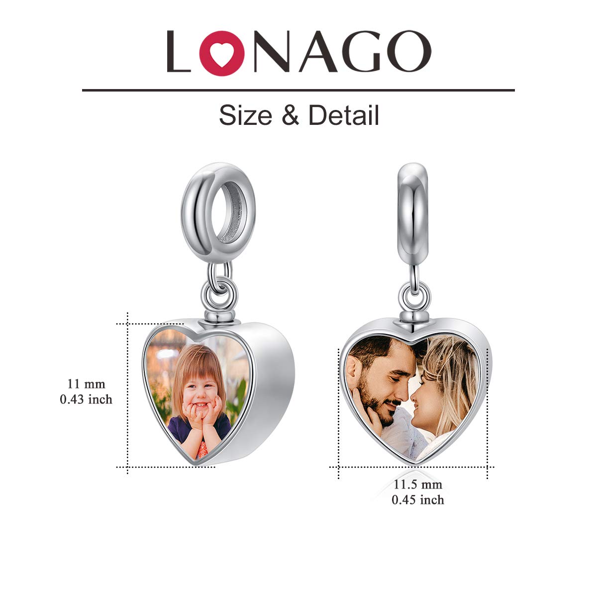 Personalized Heart Photo Cremation Urn Charm for Ashes Silver Custom 2 Picture Image Bead Fit Snake Bracelet Keepsake Memorial Locket for Women Mom (Double Love-2 Photos)