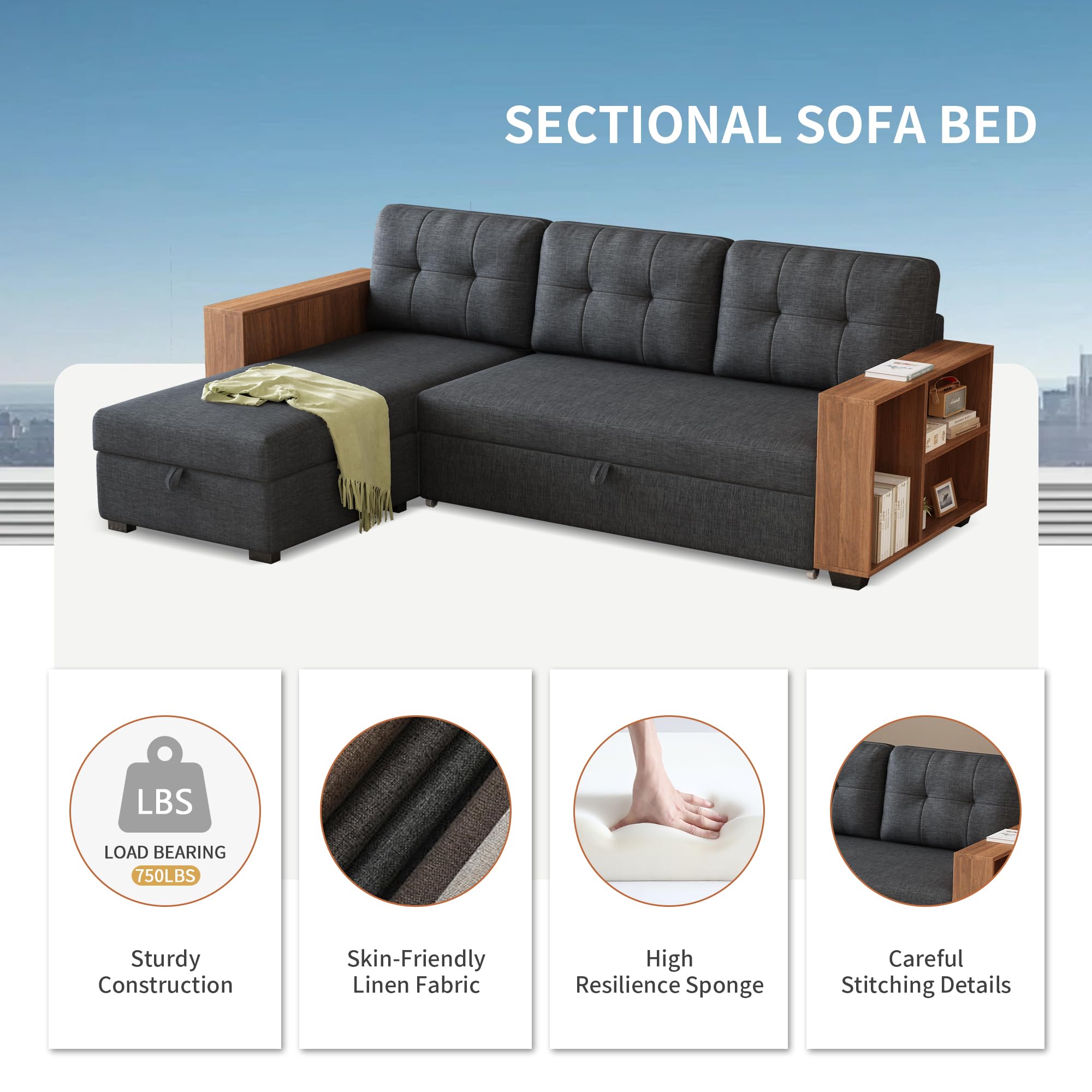 YOPTO 84" Convertible Sectional Couch with Pull Out Bed and Storage Chaise,L Shaped Sleeper Sofa W/Wood Cabinet Armrests&Removable Back Cushions,Living Room Furniture for Home,Office,Dark Grey