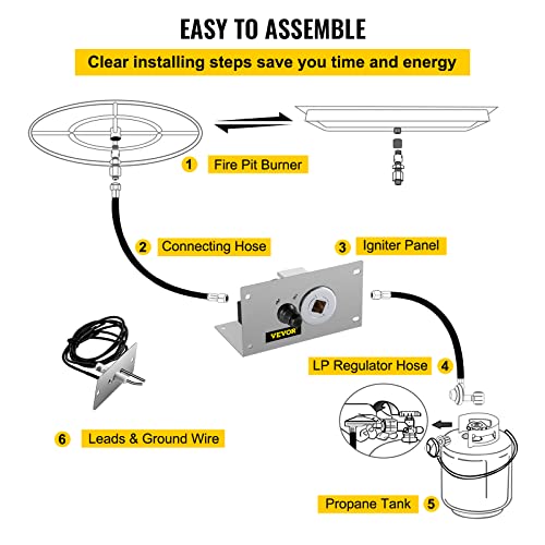VEVOR Fire Pit Gas Burner Spark Ignition Kit, 300K BTU Fire Pit Ignition System, Stainless Steel Fire Pit Igniter, with 1/2'' Key Valve with Key and Leads & Ground Wire Silver