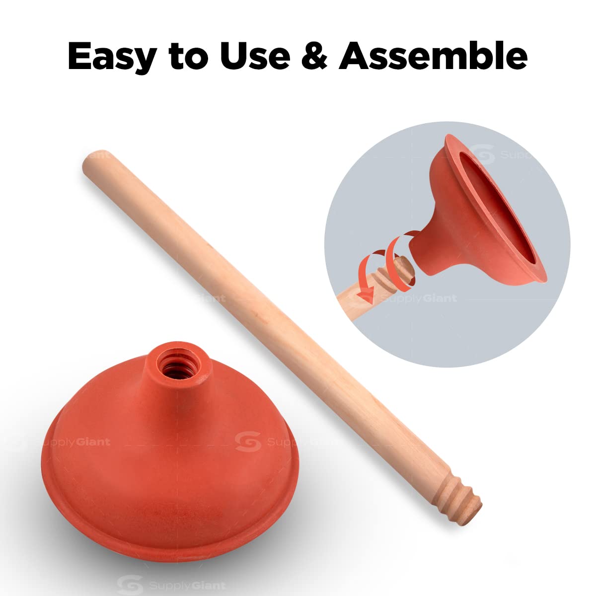 SUPPLYGIANT SU3222 Sink Plunger - Heavy Duty Rubber Plunger for Bathroom - Small Plunger for Sink with 9β Wooden Handle to Fix Clogged Basins and Tubs
