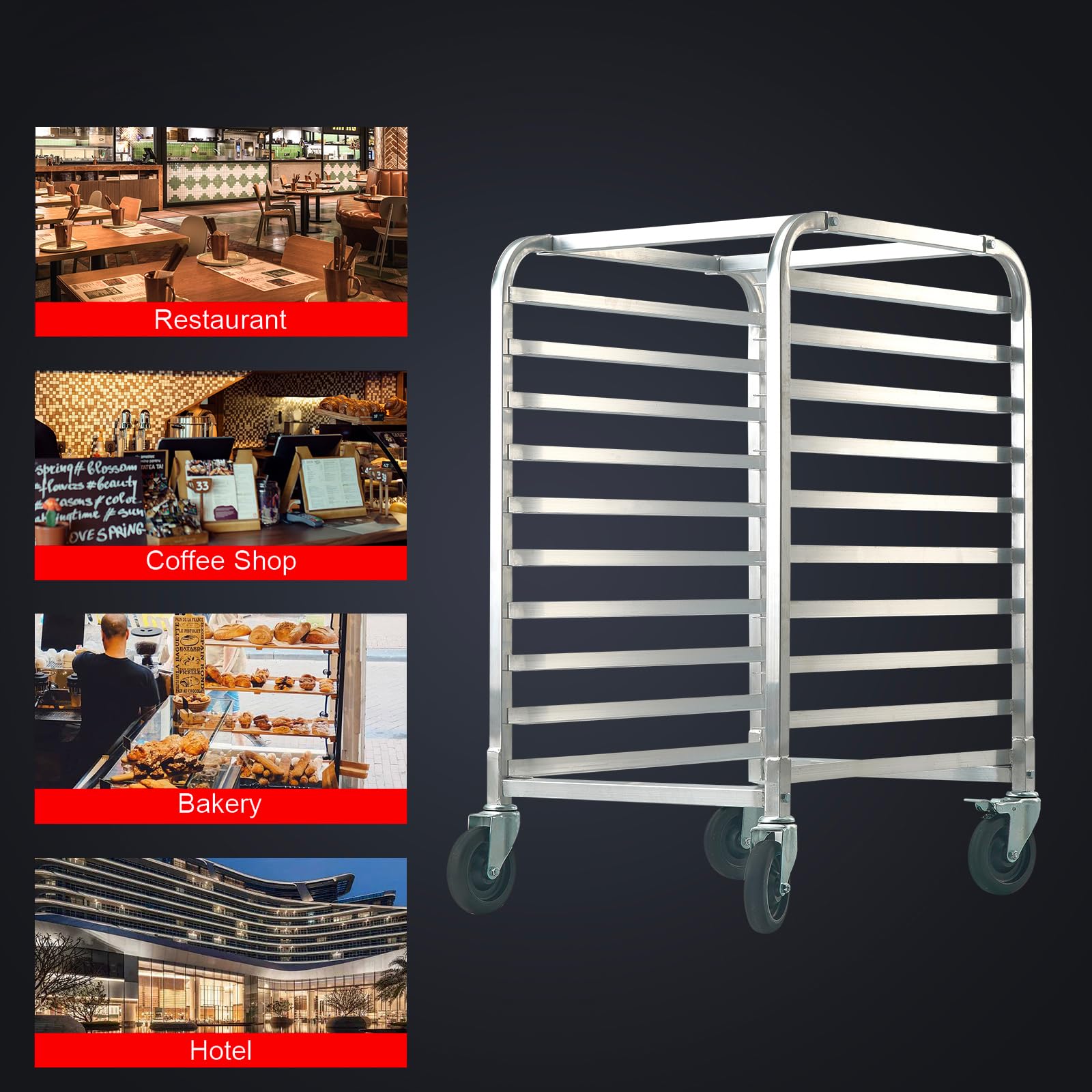 Zoorse Bun Pan Rack, 10-Tier Commercial Bakery Rack with Brake Wheels, Aluminum Racking Trolley for Half & Full Sheets, Speed Rack for Kitchen and Home, 26" L x 20.3" W x 39" H