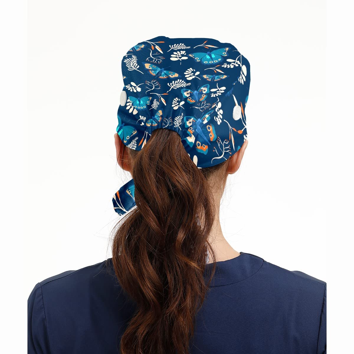 Printed Working Cap Flower Butterfly Grass Insect Plant Blue Working Cap with Button and Sweatband Adjustable Tie Back Hat for Women Men