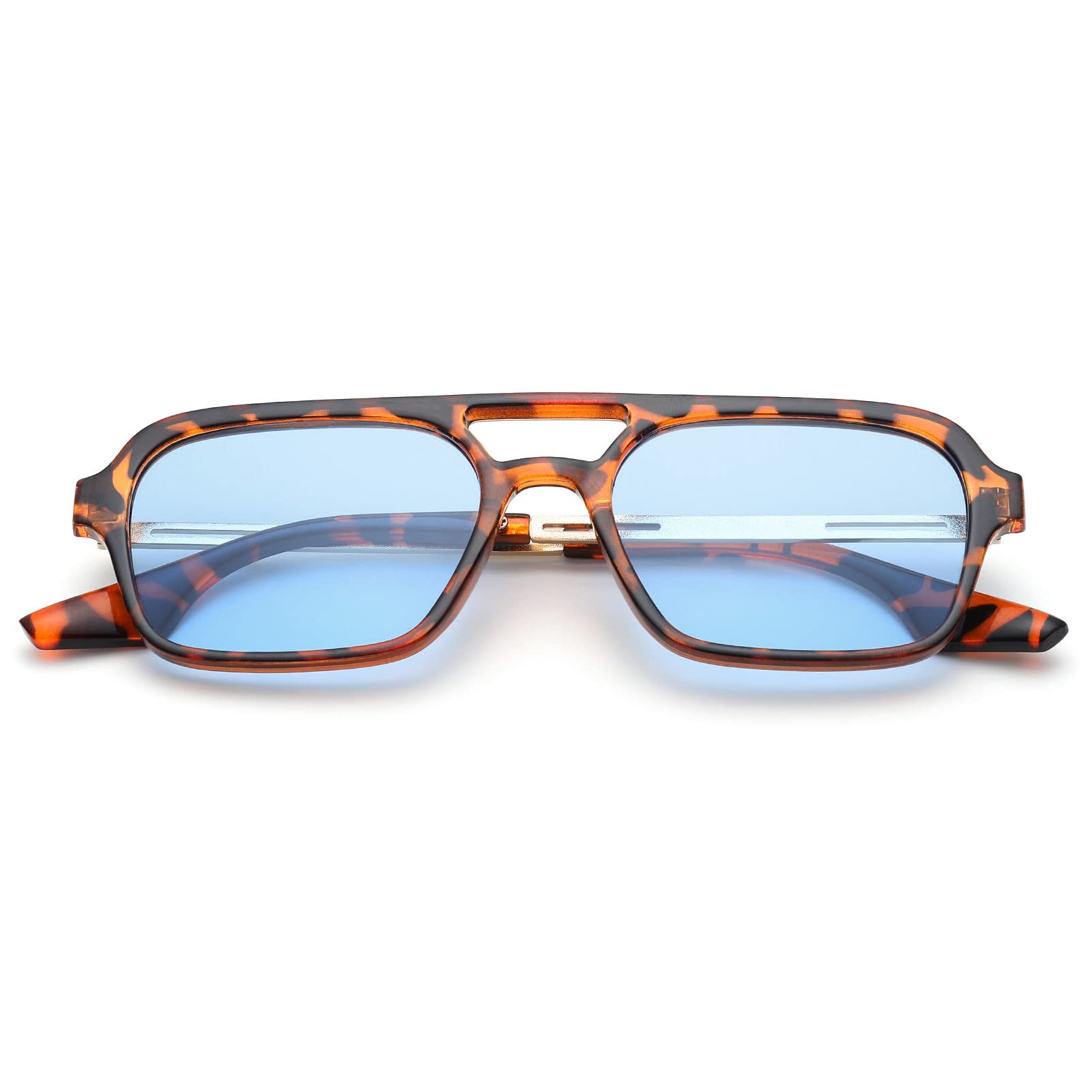 Pro Acme Vintage 70s Flat Pilot Sunglasses for Women Men, Small Frame Rectangular Glasses UV400 Protection Shades (Leopard Frame | Blue Lens)