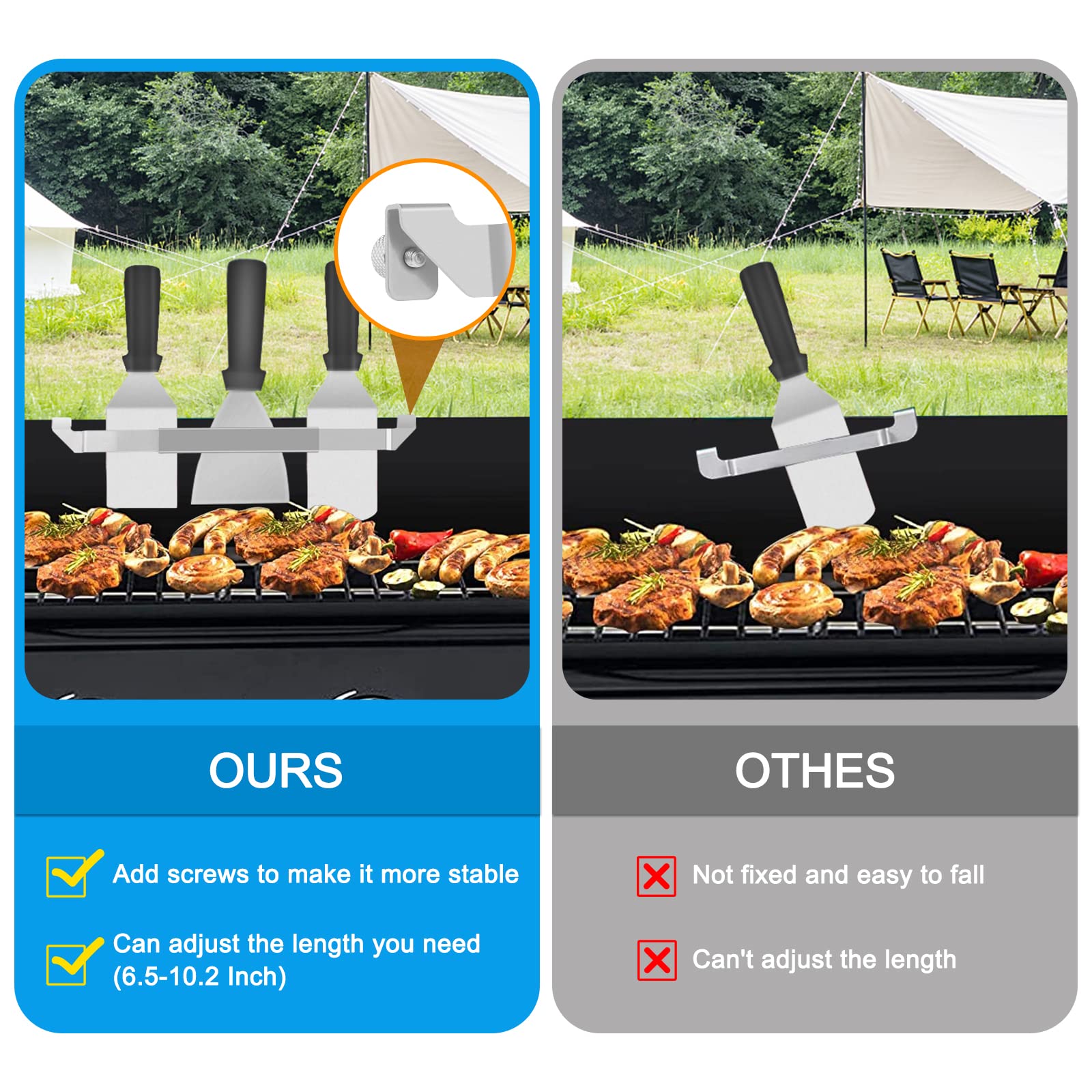 Upgraded Griddle Spatula Holder, 1 Pack Adjustable Stainless Steel Grill Barbecue Tool Hold Rack Accessories for Blackstone, Camp Chef, Royal Gourmet, Camping Picnic BBQ Essentials(6.5-10.2 Inch)