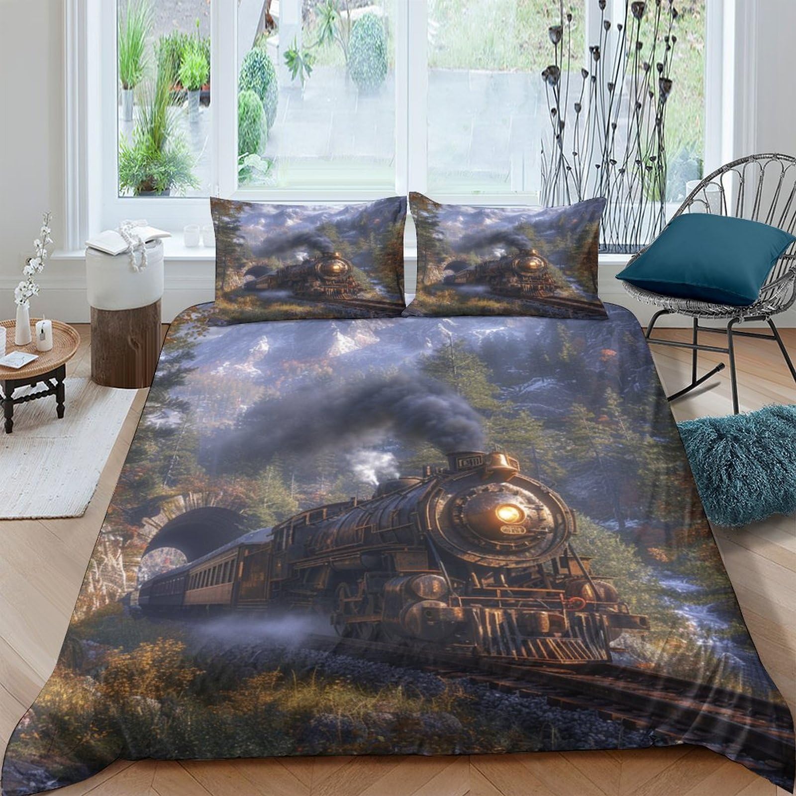 YYANQIN Steam Train Bedding Set, 3D Printing 3 Piece Sets Quilt Cover Soft Microfibre Quilt Cover with Pillowcases and Zipper Closure for Home Decor Bed Twin(173x218cm)