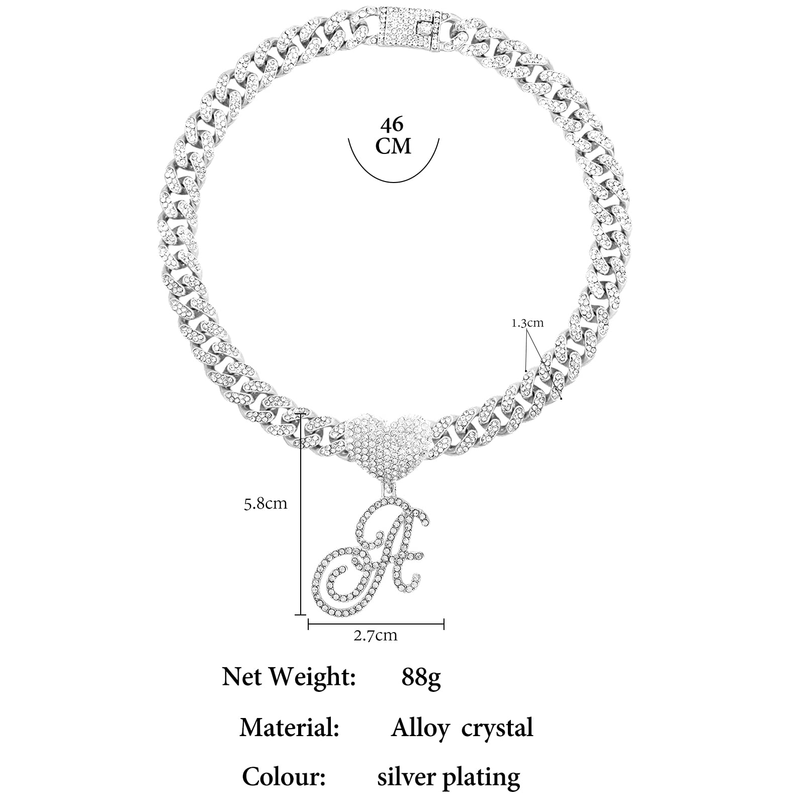 PTJDSMF Cursive Silver Initial Pendant Necklaces Alphabet Pendant Miami Cuban Link Chain Necklace for women Hip Hop Iced Out Letter Chain with Pendant Jewelry … (Cuban Link Chain K)