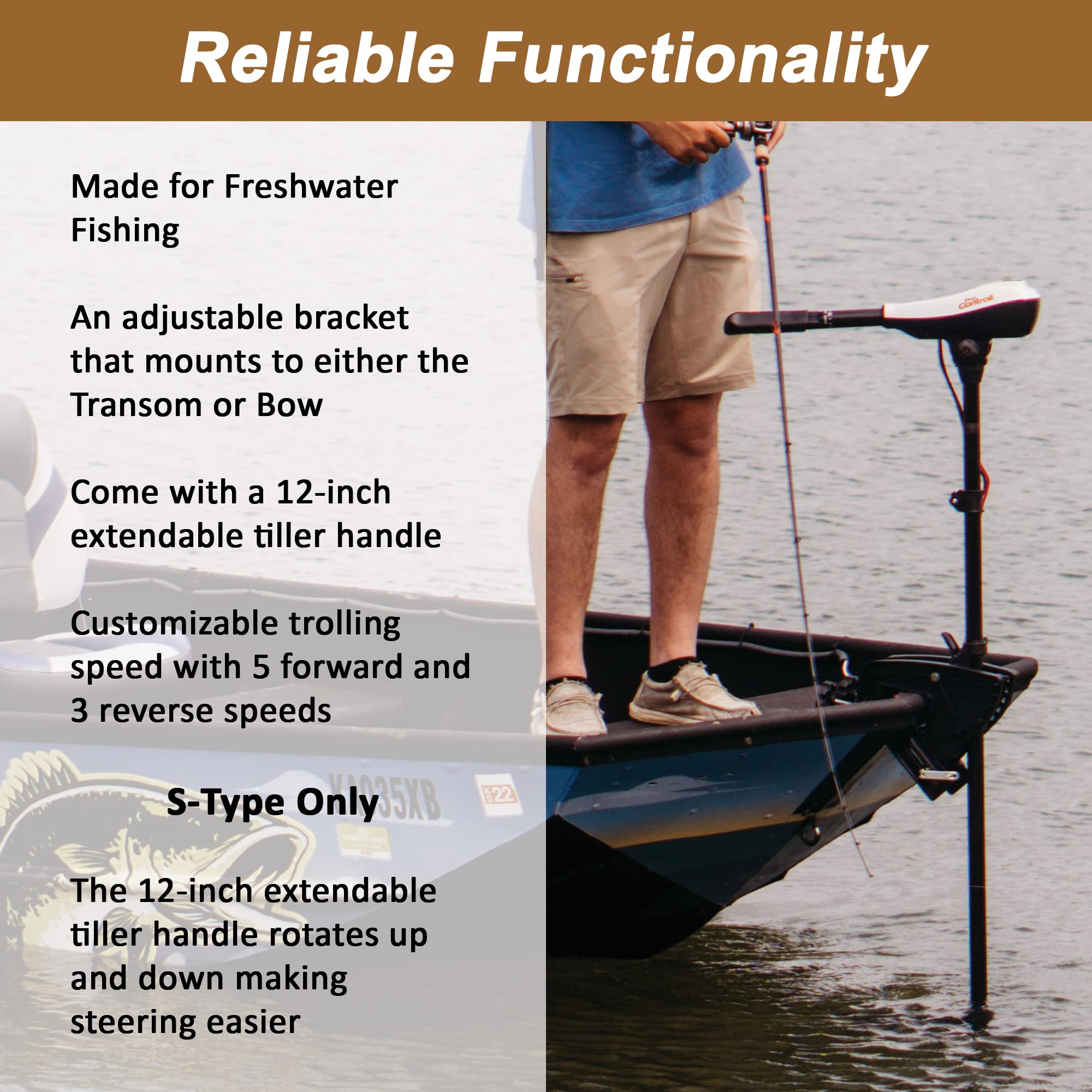 Pro Controll Revolution S-Type Freshwater Bow or Transom Mount Electric Trolling Motor, 50 lb Max Thrust, 48 inch Shaft