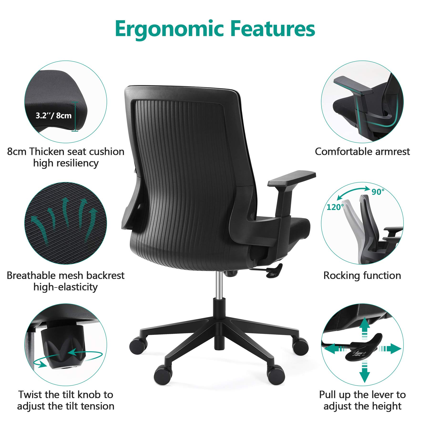 Office Chair, Tribesigns Mesh Chair Desk Chair with Adjustable Lumbar Support Swivel Big and Tall Ergonomic Chair Rolling Task Computer Chair with Thick Seat Cushion, Black