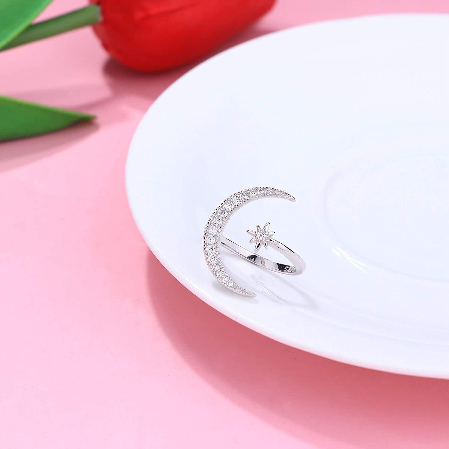 MILACOLATO Sterling Silver Moon Rings for women Adjustable Platinum Plated 5A Cubic Zirconia Crescent Moon Star Rings
