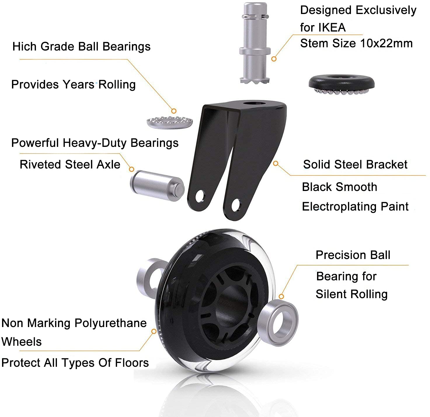 Office Chair Wheels for IKEA Chairs,10mm stem Caster, 3 Inch Heavy Duty Replacement Rubber Chair Casters, Quiet & Smooth Rolling for IKEA Casters, Protection for Hardwood Floors or Carpet