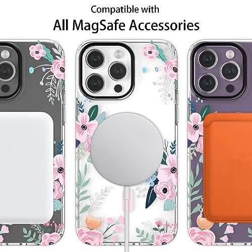 YeLoveHaw Designed for iPhone 14 Pro Max Magnetic Case for Women Girls, Rose Floral & Green Leaves Pattern [Compatible with MagSafe] Slim Hard Protective Clear Cover for iPhone 14ProMax (Pink Flower)