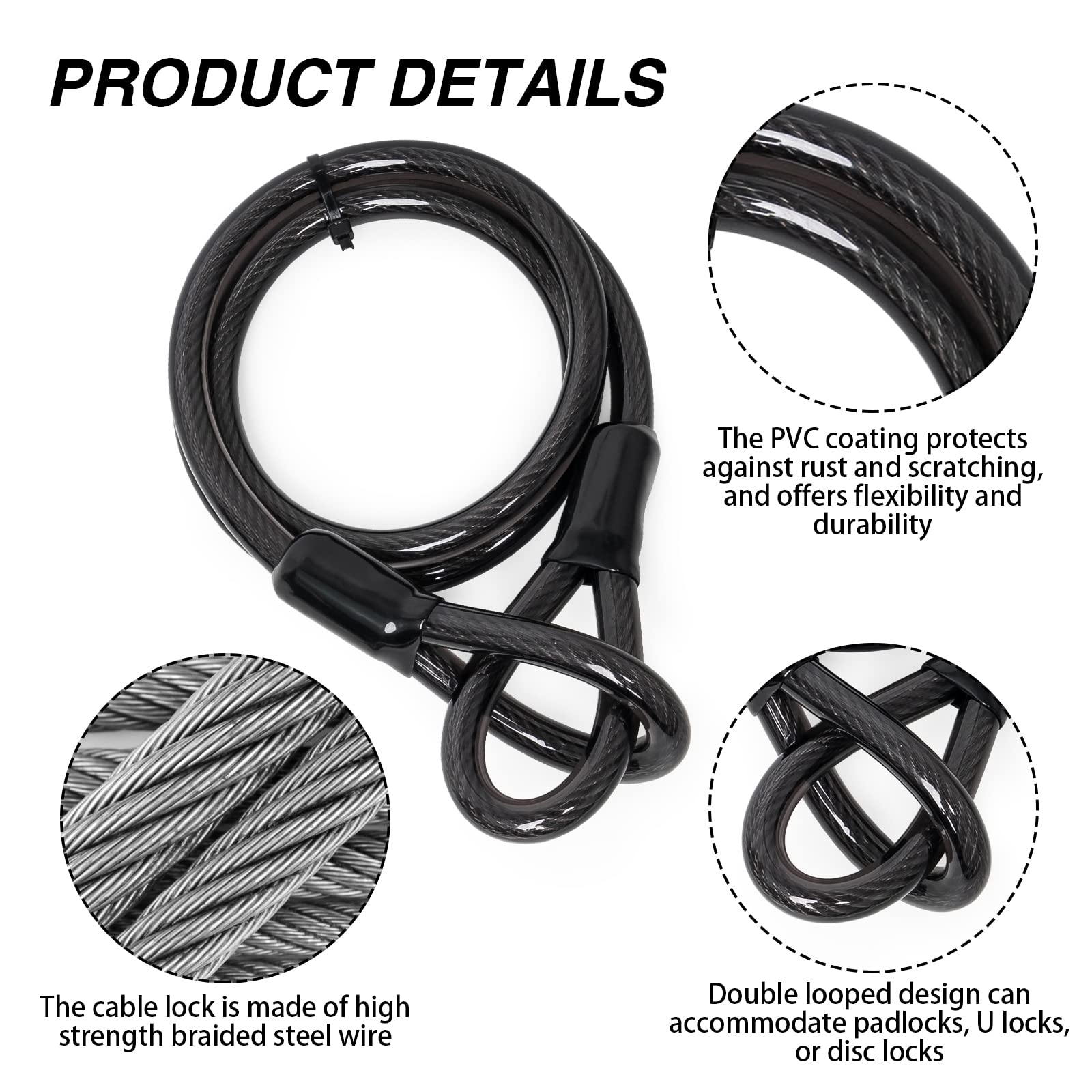 Olywan Bike Cable Chain Locks 1.8M/6FT Safety Cables Lock Loops Braided Steel Cable Coated with Double Lock Loops for Bicycle Luggage Ladder Boat Gate Motrobike