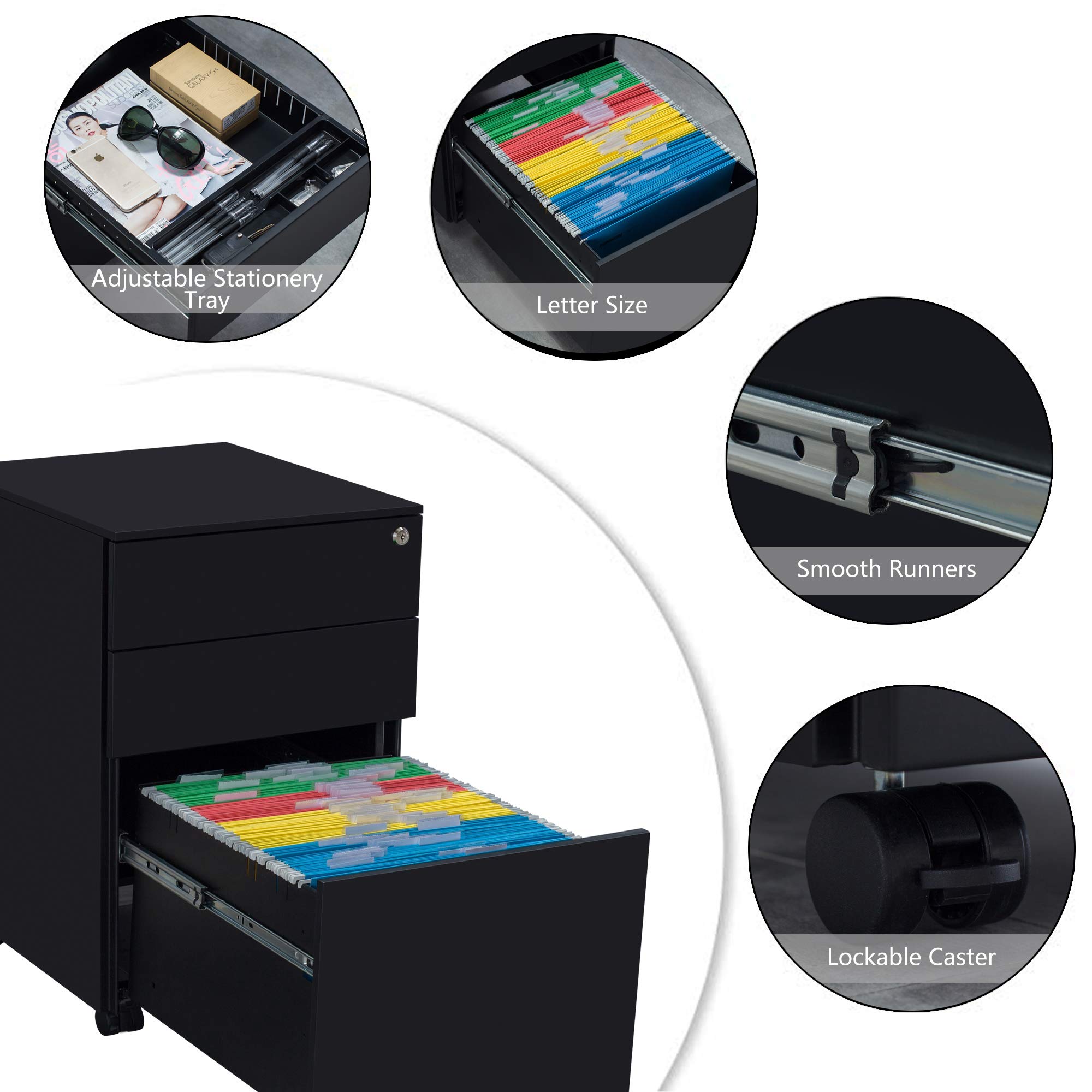 Mobile File Cabinet with Key Lock Steel Filing Cabinet, Home Office Pedestal Fully Assembled Except 5 Rolling Casters