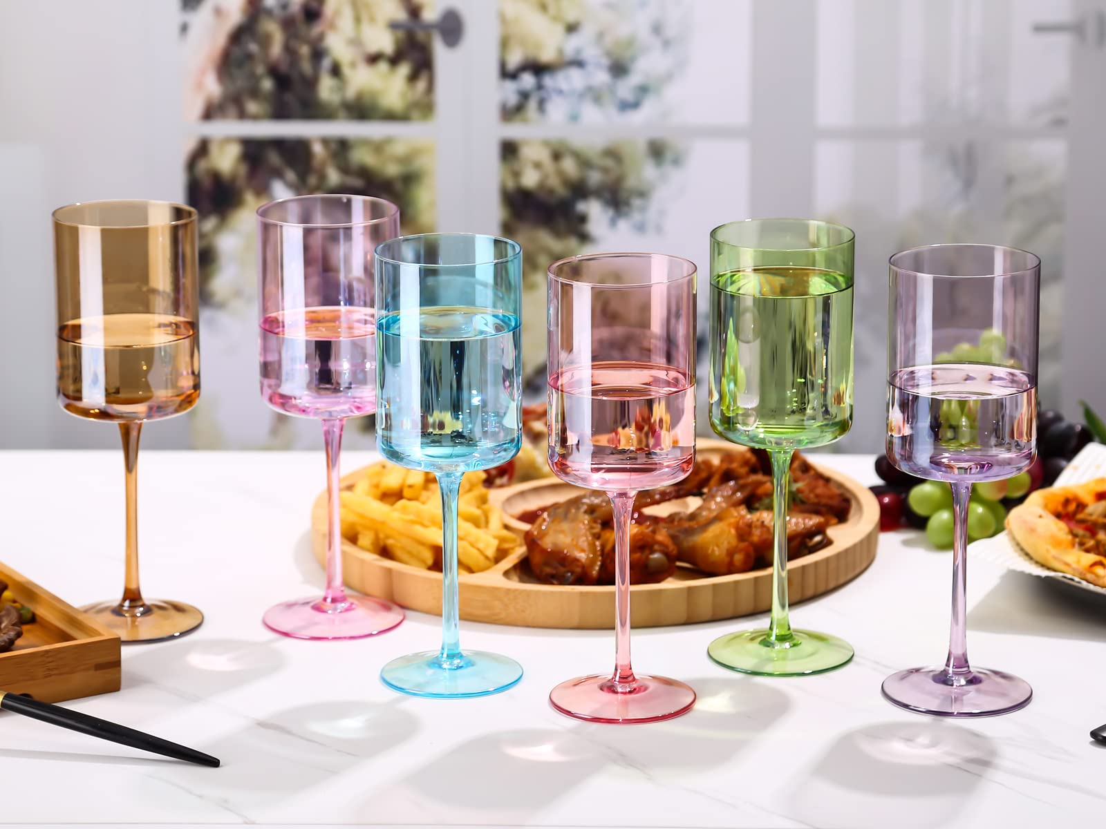 Physkoa Hand Blown Colorful Wine Glasses Set of 6 - Crystal Stemware Glasses with Long Stem, Ideal for Weddings, Engagements, and Parties, 11.5oz