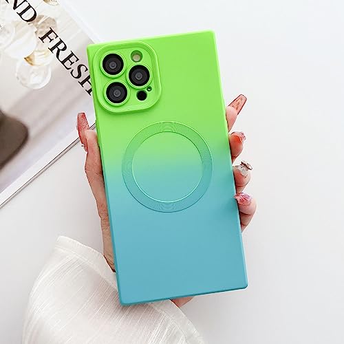 Yepda for iPhone 14 Pro Max Square Case, Compatible with MagSafe, Full Camera Lens Protector Multicolor Case Luxury for Women Girls Soft Slim Fit Shockproof Protective Magnetic Cover - Green Blue