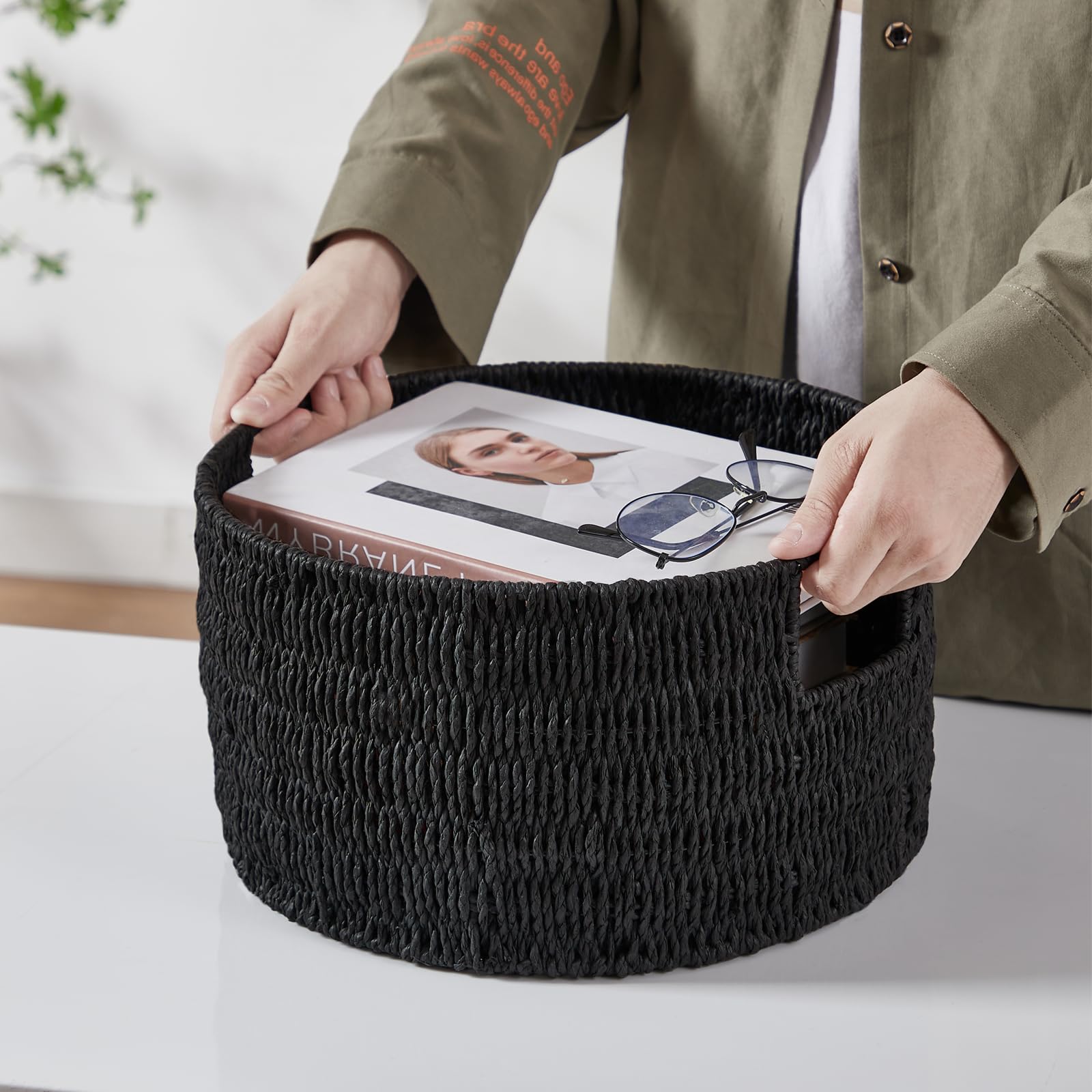 Vagusicc Wicker Storage Basket, Hand-Woven Paper Rope Large Round Woven Basket With Handles, Wicker Baskets for Organizing/Storage, Brown, 3-Pack