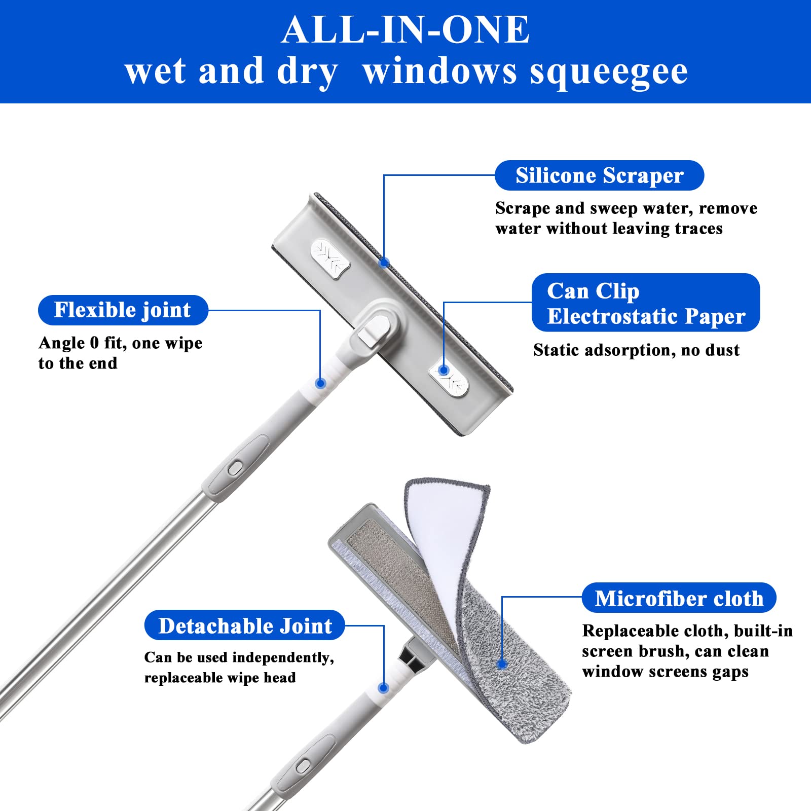 Window Squeegee Cleaner 2 in 1 Rotatable Window Cleaning Tool Kit with Extension Pole, Window Washing Equipment Includes 1 Dusting Attachments, for Indoor/Outdoor Car Glass, High Window Cleaning