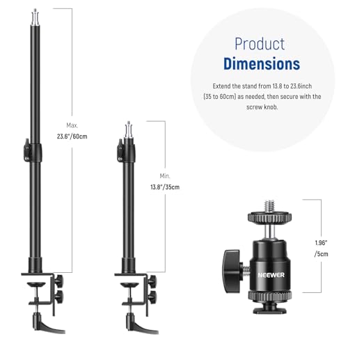 NEEWER Camera Desk Mount with C Clamp, 2 Pack 13.8"-23.6" Adjustable Desktop Light Stands with 1/4" Ball Heads Cold Shoe Adapters Long Handles for Webcam DSLR Camera Monitor Ring Light, Max Load 5kg