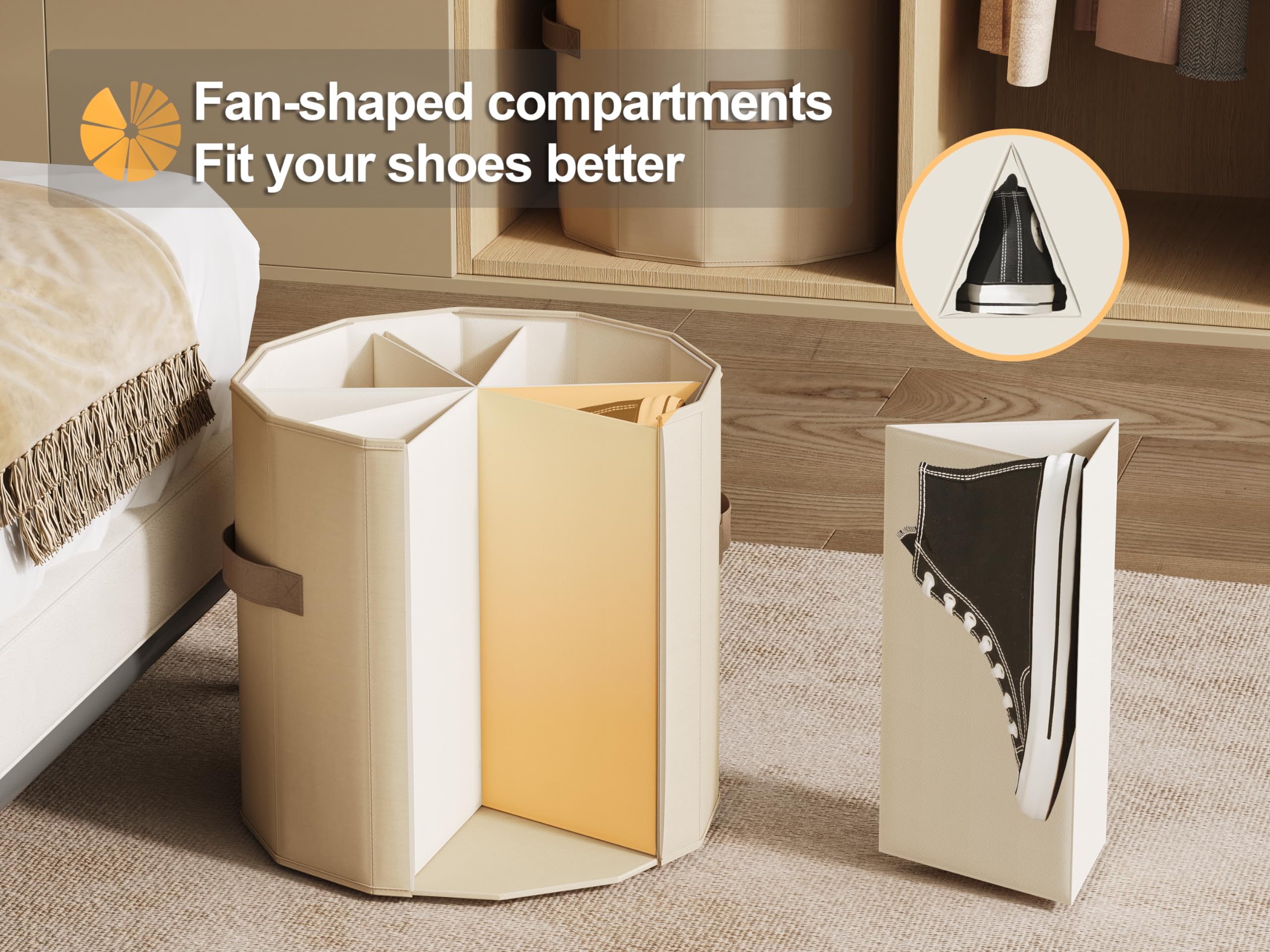 Vailando Shoe Organizer for Closet - Cylindrical Shoe Storage Organizer with Adjustable Dividers for Closet, Foldable, Beige, 1-Pack