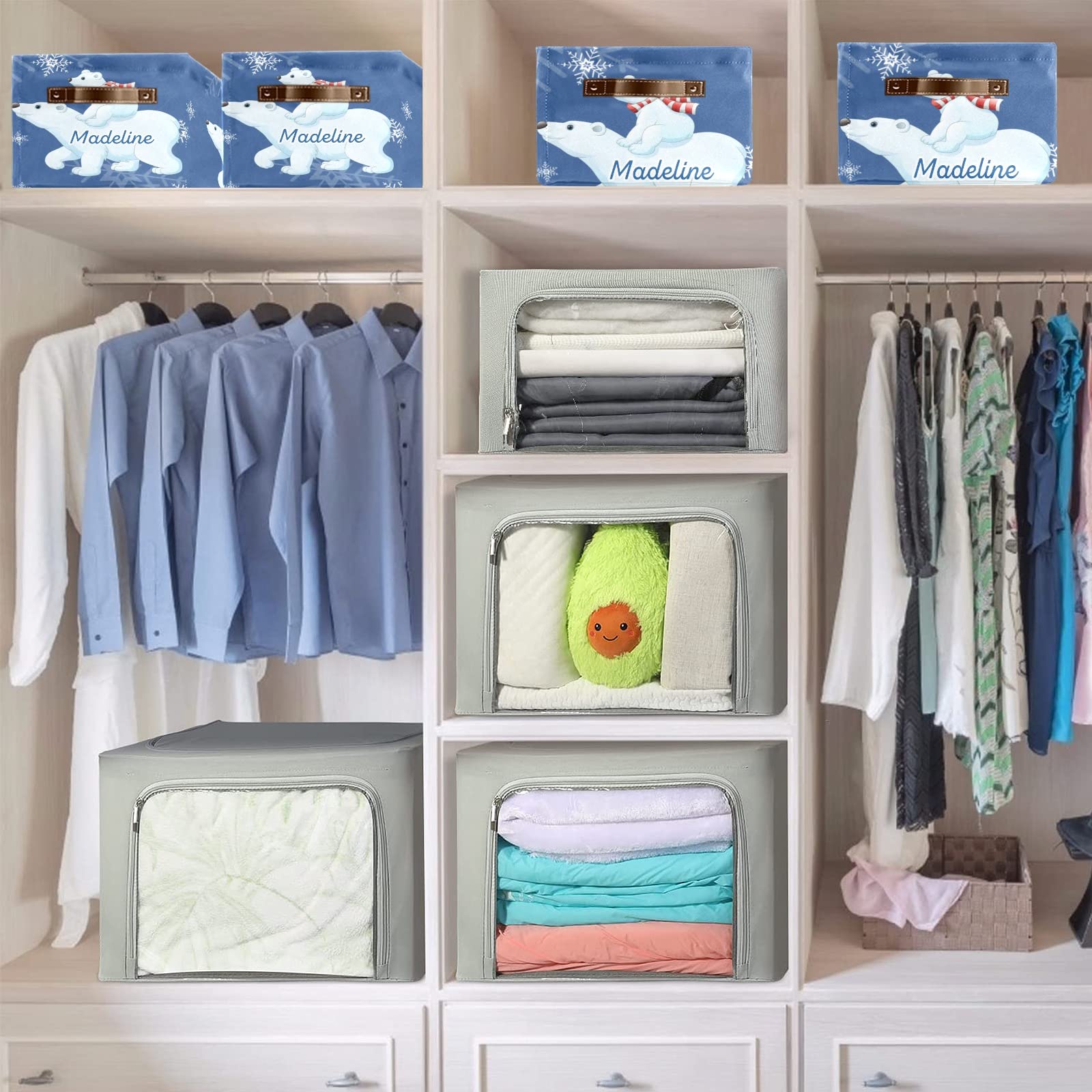 Winter Polar Bear Personalized Storage Basket,Custom Storage Bins Cubes Organizer with Handle for Bedroom Wardrobe,Nursery,Basket 1 Pack