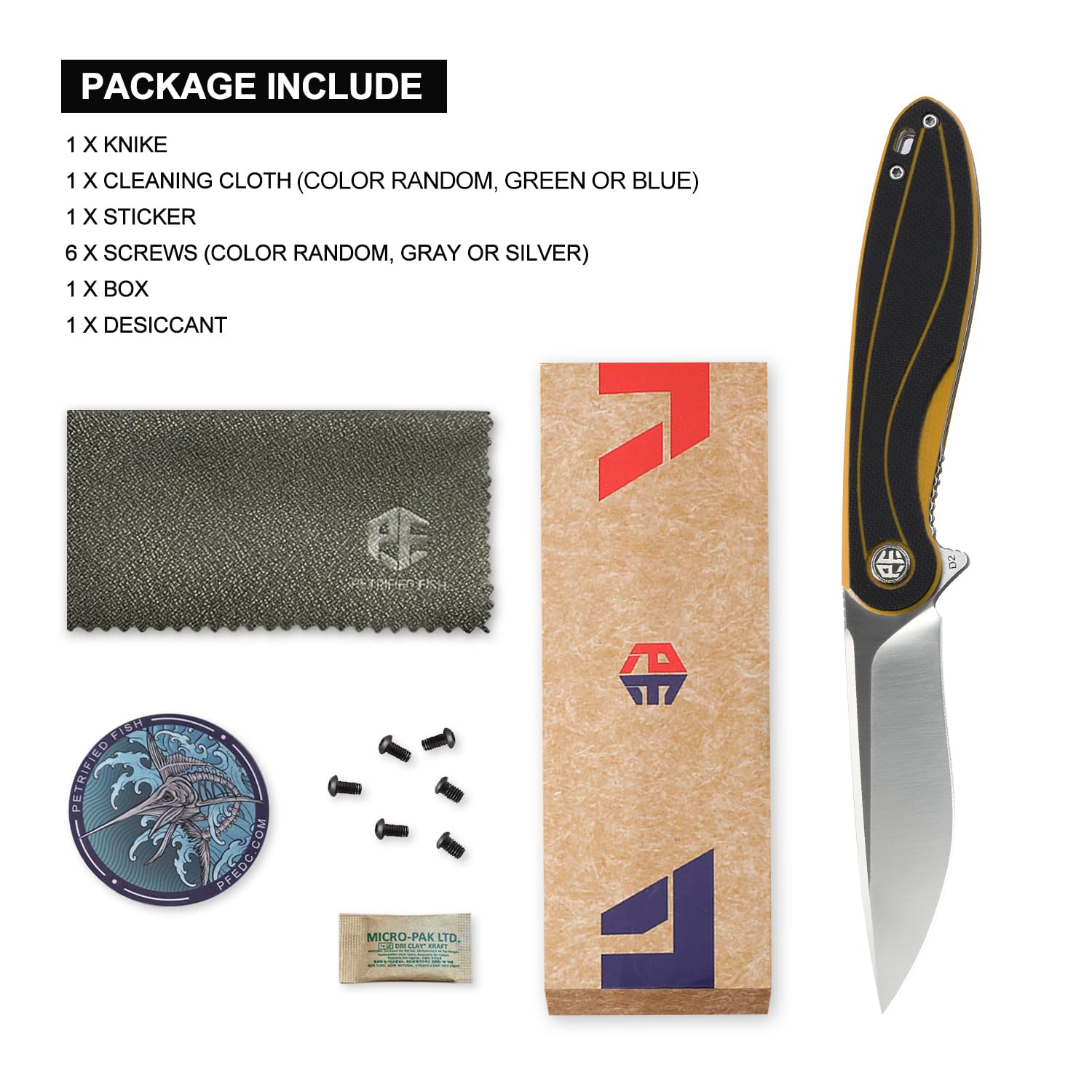 Petrified fish PF858 G10 handle D2 steel folding knife outdoor camping hunting Multifunction EDC tool Survival knives (Yellow)
