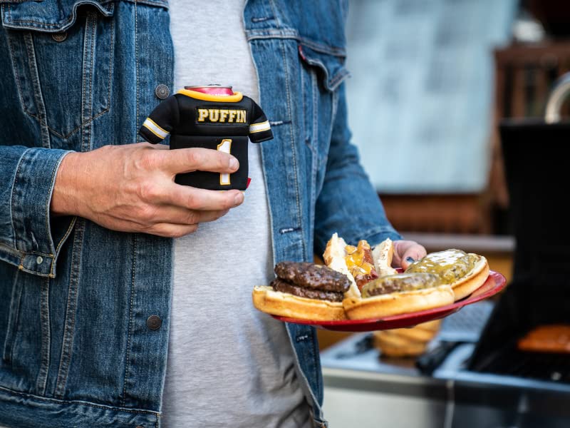 Puffin - The Gridiron Jersey - Insulated 12 oz Can Cooler I Beer Bottle & Soda Can Insulator, Keep Drinks and Beverages Cold (Risky Red/Sandy White)