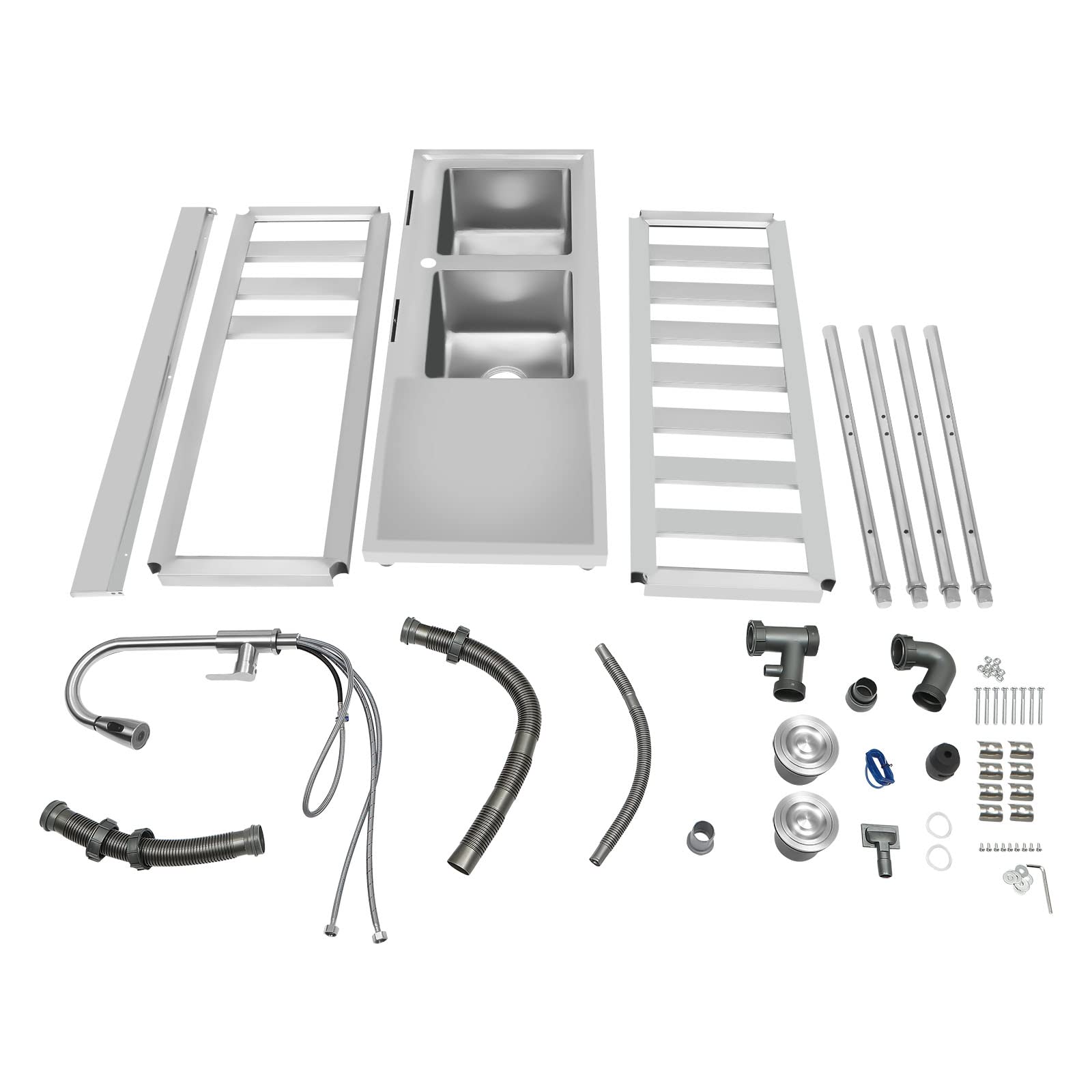 Kitchen Sink, Stainless Steel Double Bowl Utility Sink,Commercial Free Standing Dining Room Sink Kit, Prep & Utility Washing Hand Basin W/Workbench, For Laundry, Garage, Cafe Bar (47.2*17.7*31.8inch)